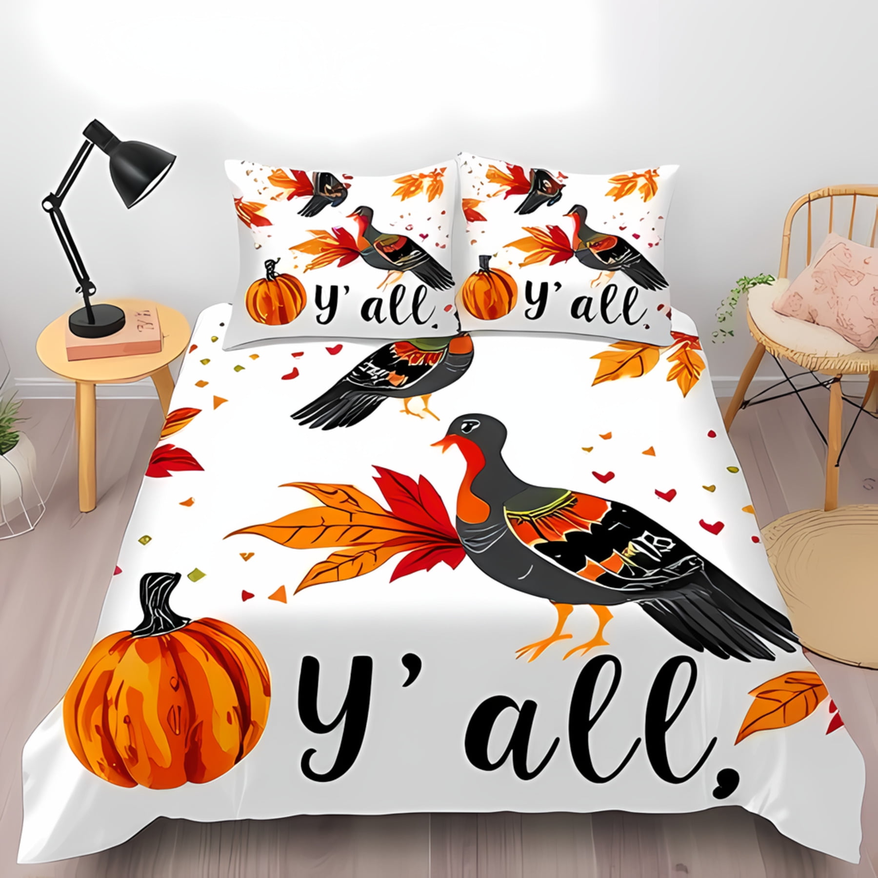 3-Piece Duvet Cover Set with Whimsical Turkey and Pumpkin Design Cozy ...