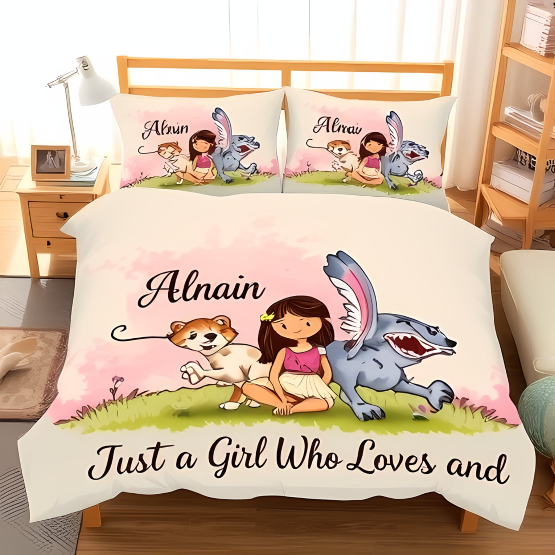 3-Piece Duvet Cover Set with Whimsical Young Girl Lion Cub & Winged ...