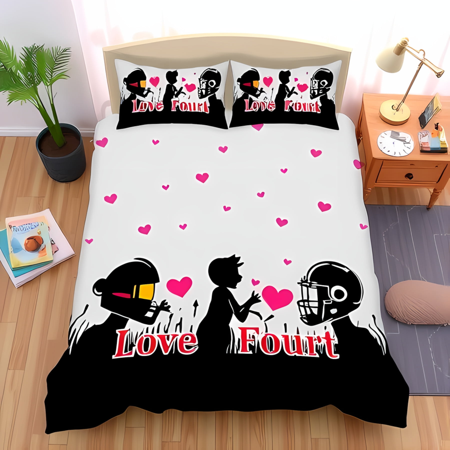 3-Piece Duvet Cover Set with White Bedspread Black & Pink Heart Pattern Football Player ...
