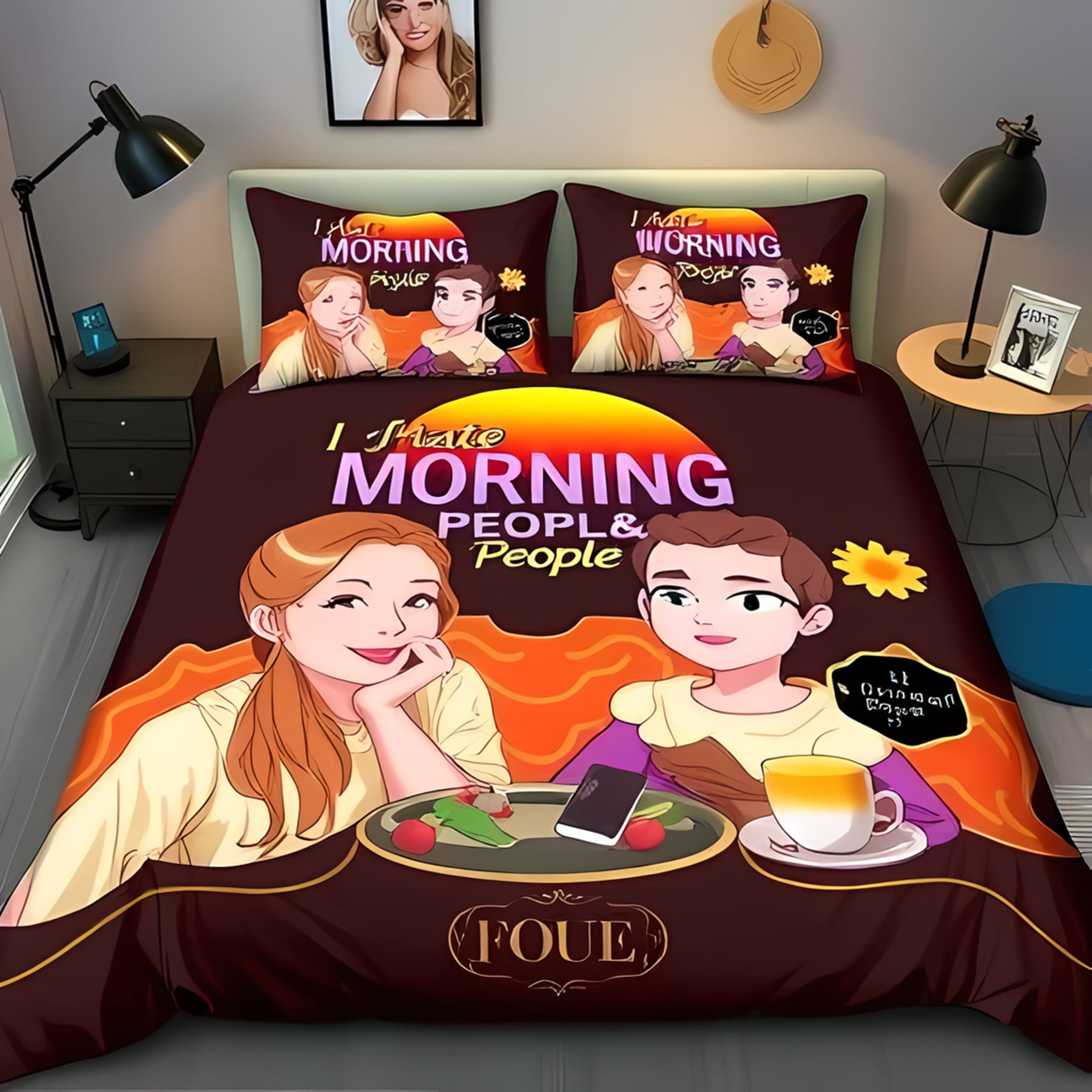 3-Piece Duvet Cover Set with Witty Morning Phrase Colorful Breakfast ...