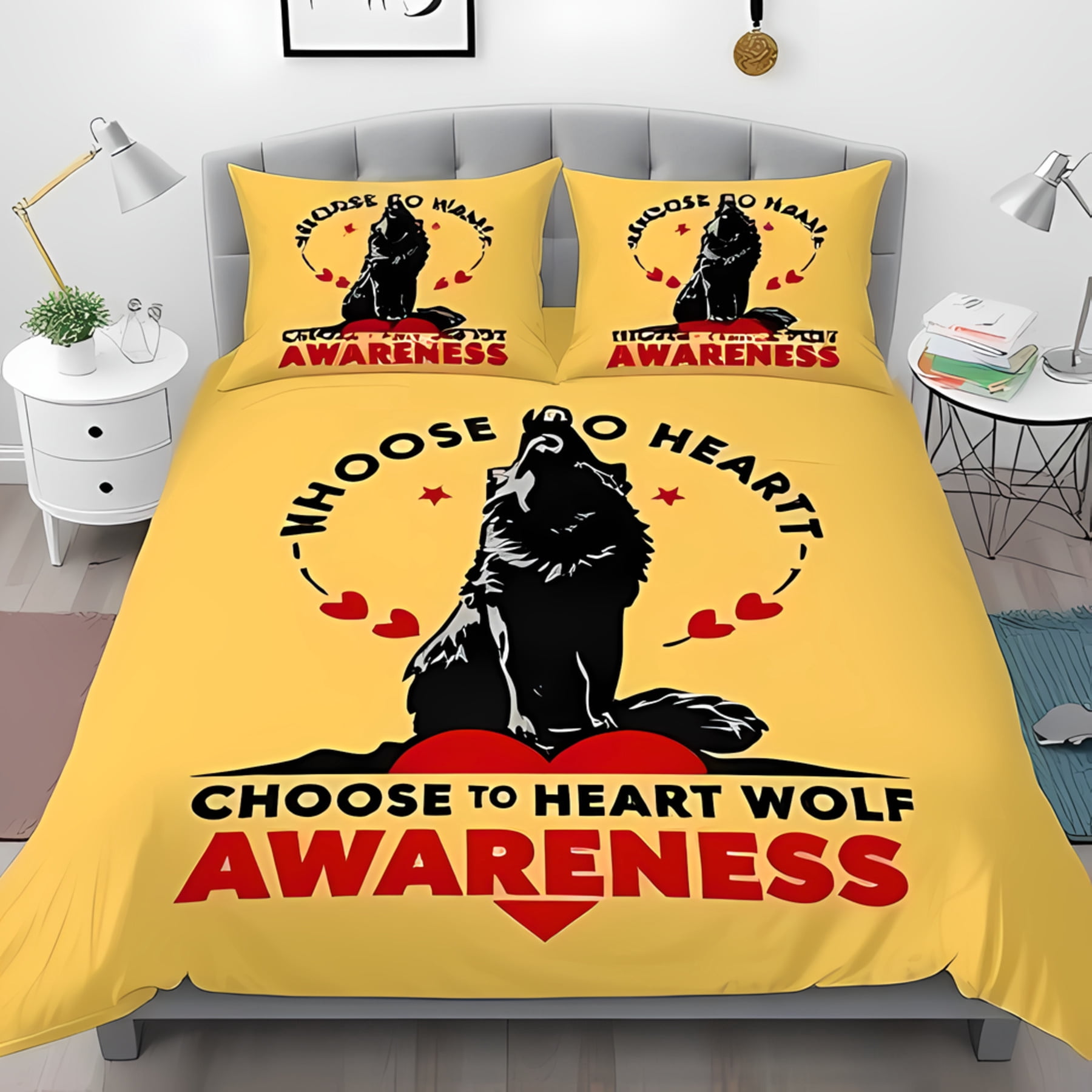 3-Piece Duvet Cover Set with Wolf Design & Heart Motifs - Vibrant ...