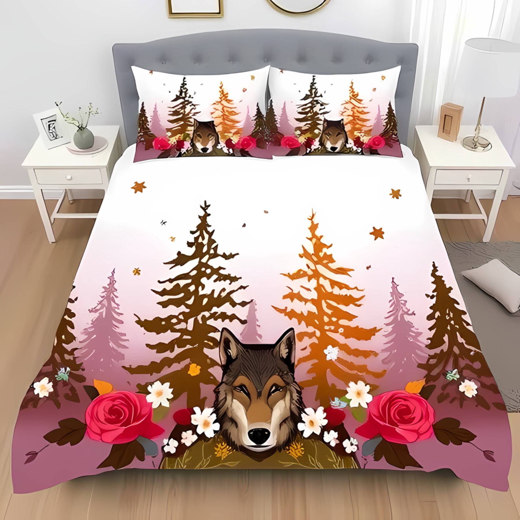 3-Piece Duvet Cover Set with Wolf Face Design Surrounded by Pine Trees ...