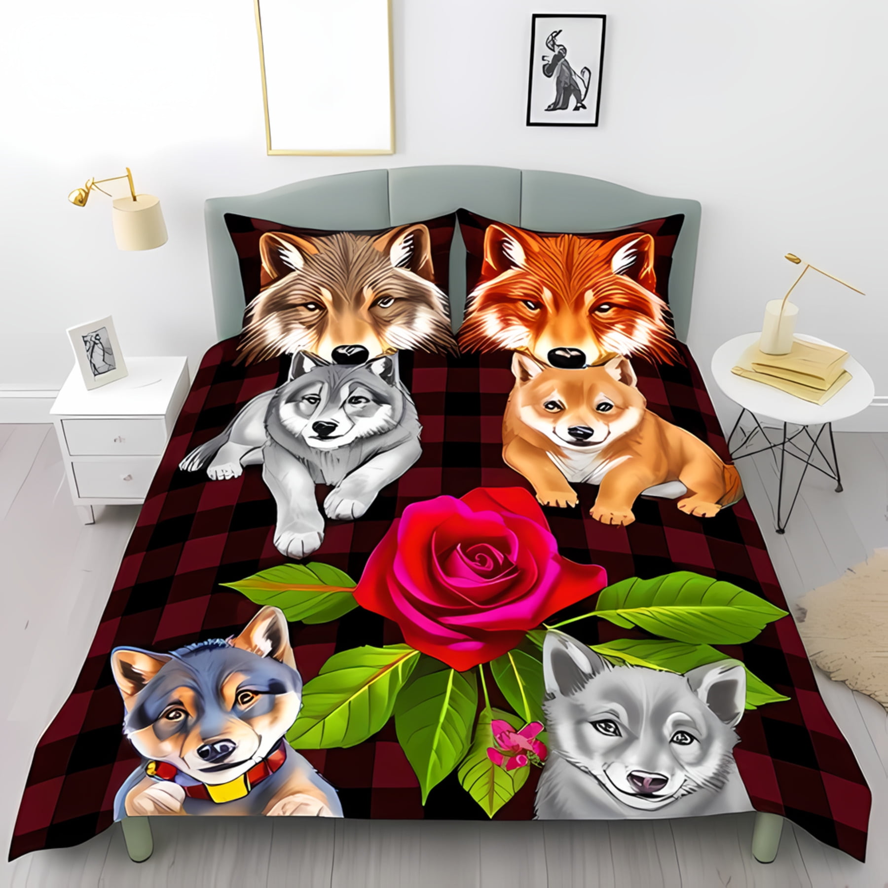 3-Piece Duvet Cover Set with Wolves and Puppies Design on Red Rose ...