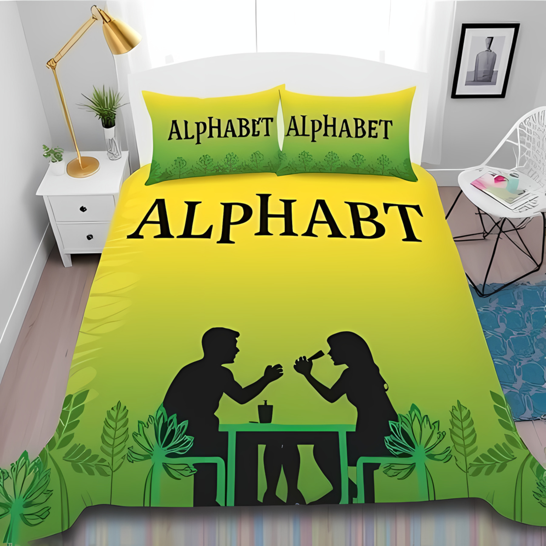 3-Piece Duvet Cover Set with Yellow Gradient Bold 'ALPHABET' Print ...
