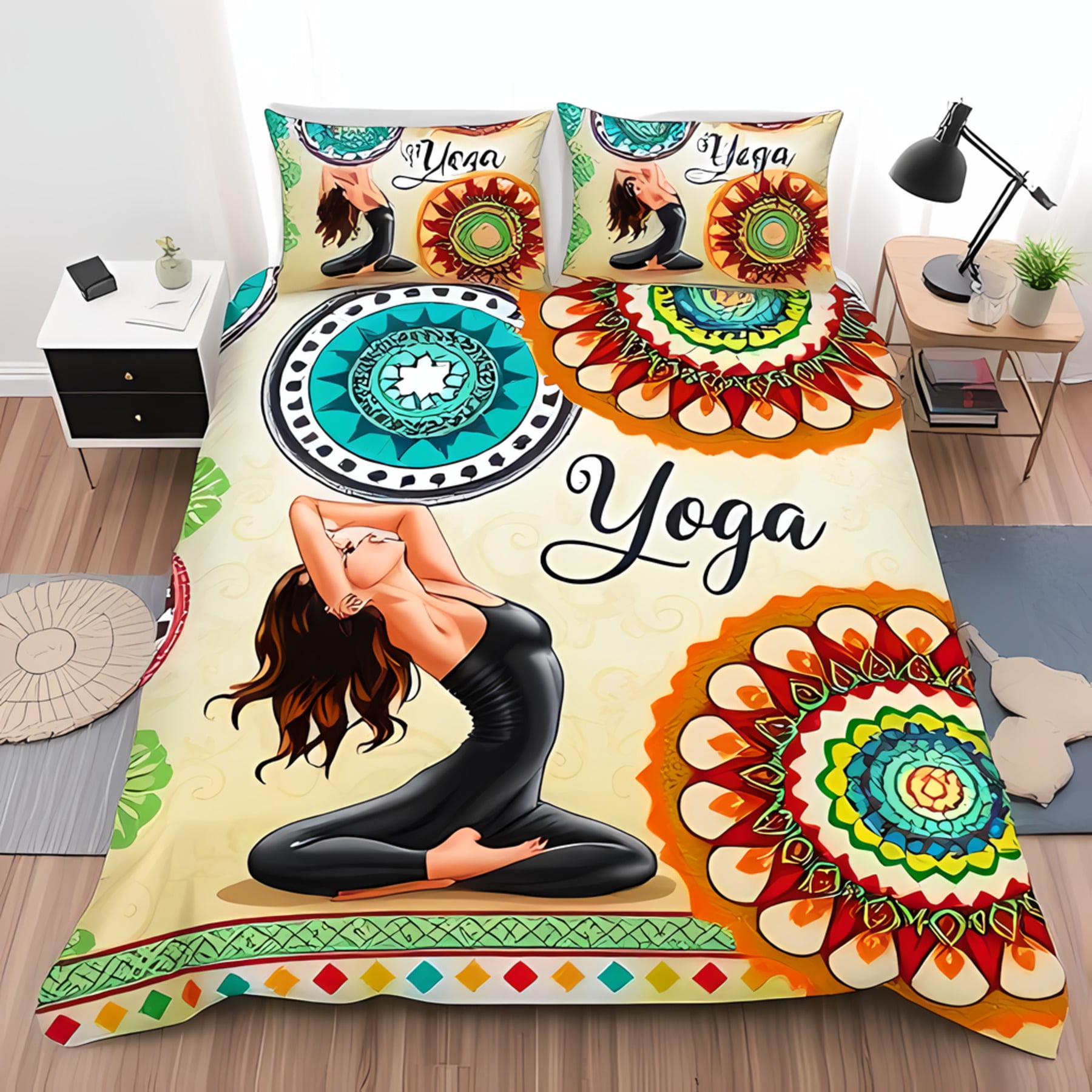 3-Piece Duvet Cover Set with Yoga Pose and Colorful Mandalas Design ...