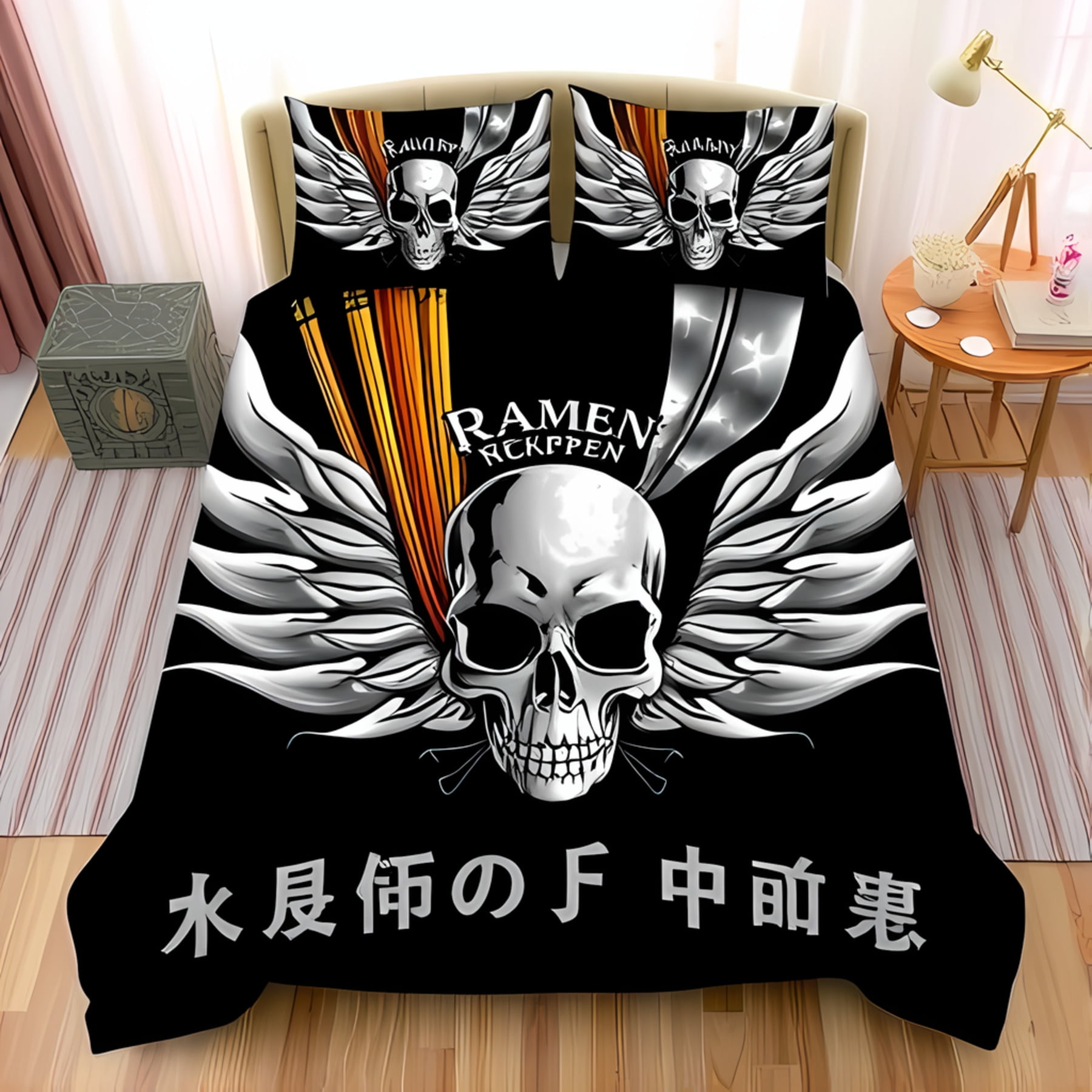 3-Piece Duvet Cover Set with and Wings Design Edgy Black Bedding ...