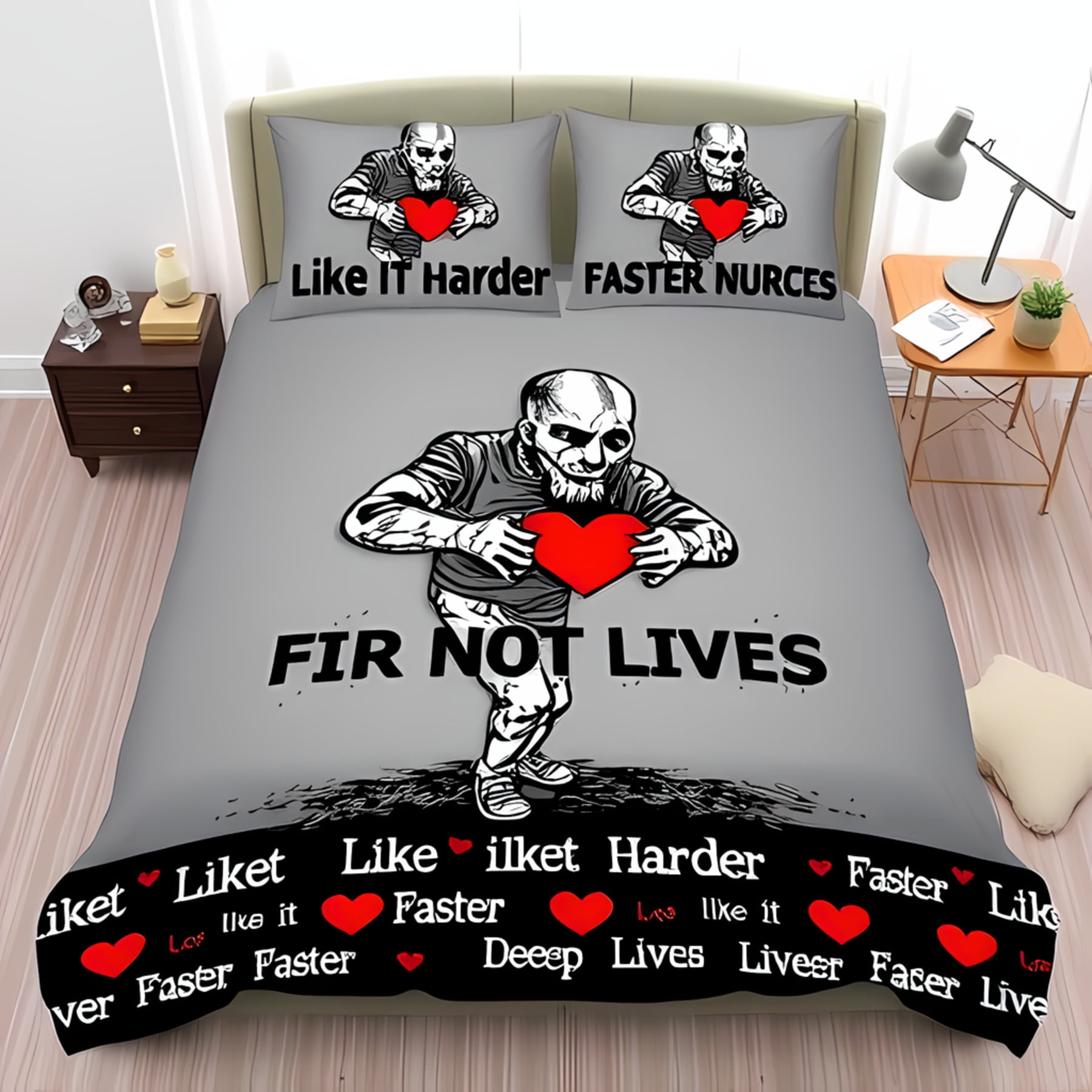 3-Piece Edgy Duvet Cover Set with Heart Motif & Provocative Slogans ...