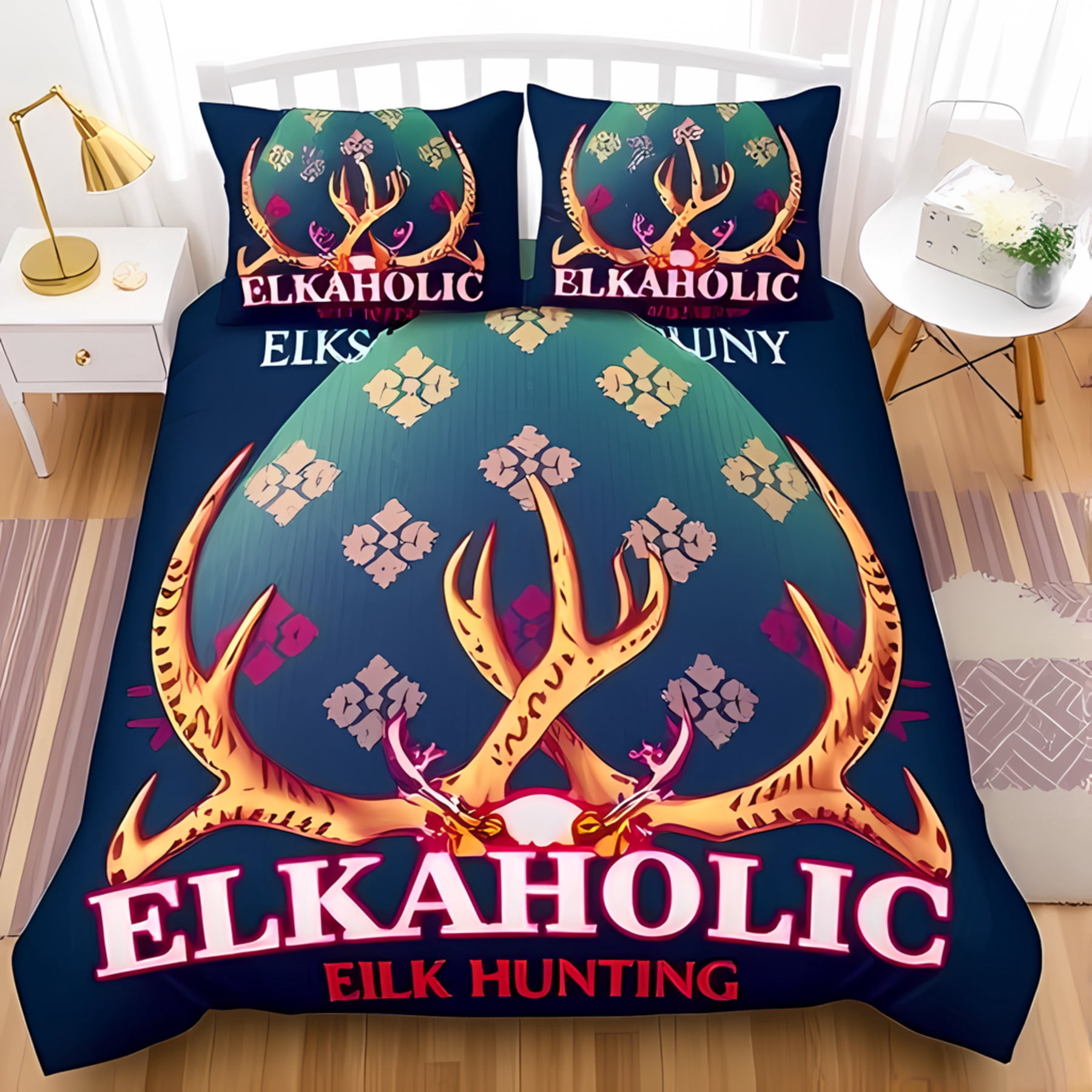 3-Piece Elk Duvet Cover Set - Bold Antler Design on Deep Blue ...