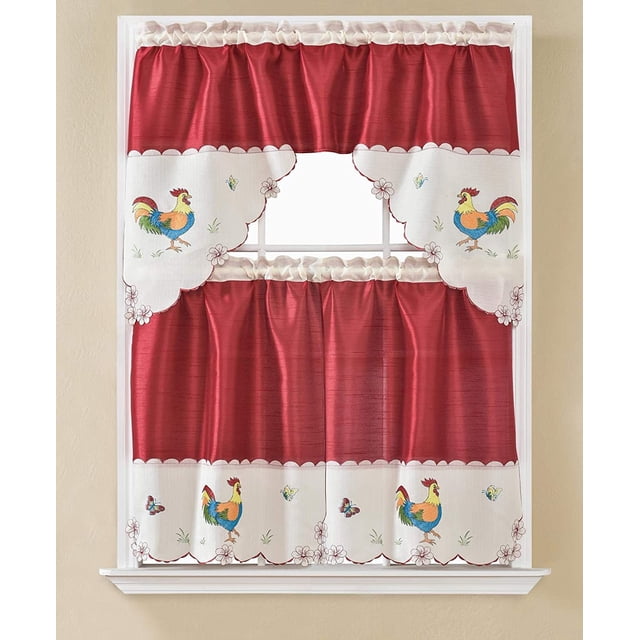 3 Piece Embroidery Rooster Kitchen Window Café Curtain Tier Panels and ...