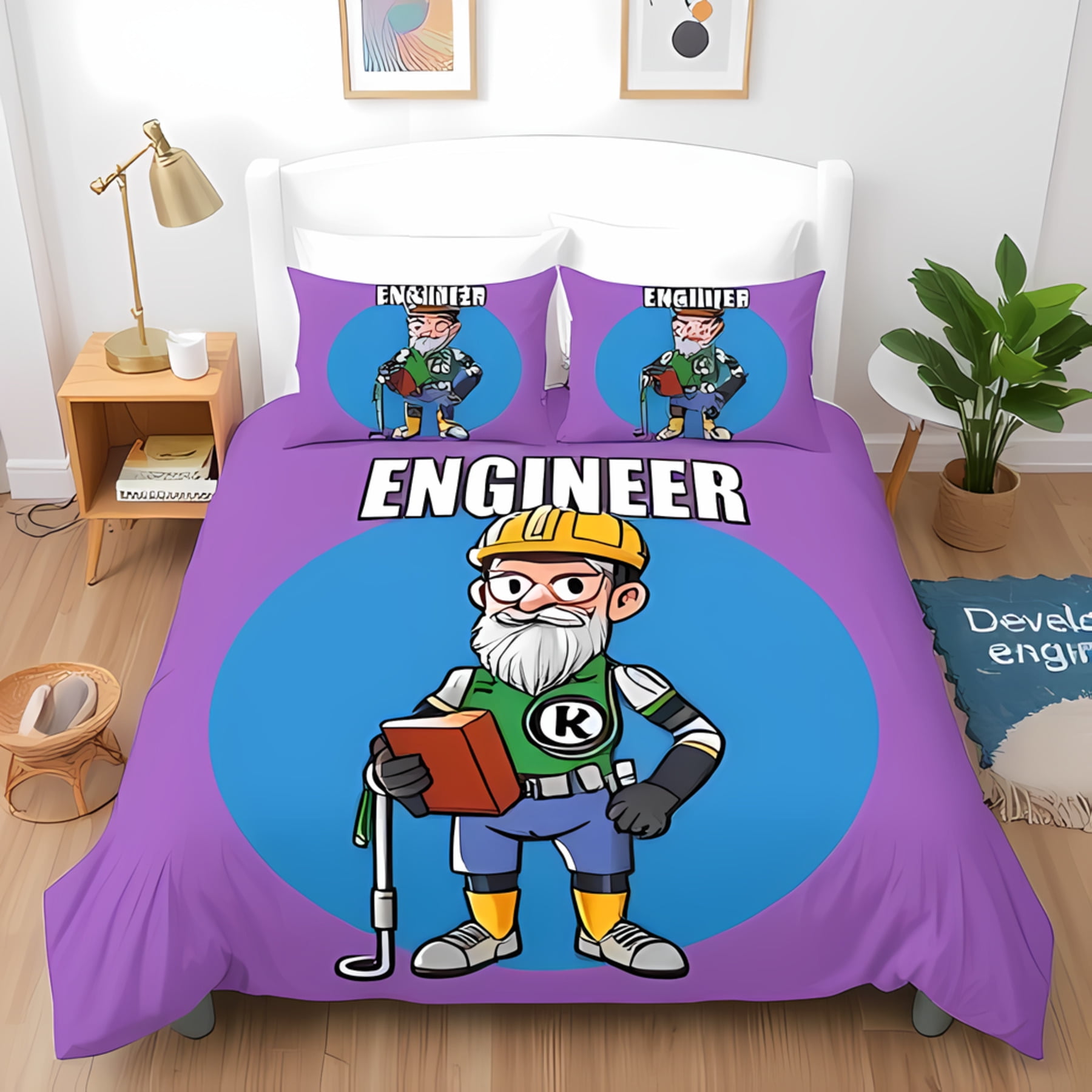3-Piece Engineer Cartoon Duvet Cover Set - Vibrant Purple with Playful ...