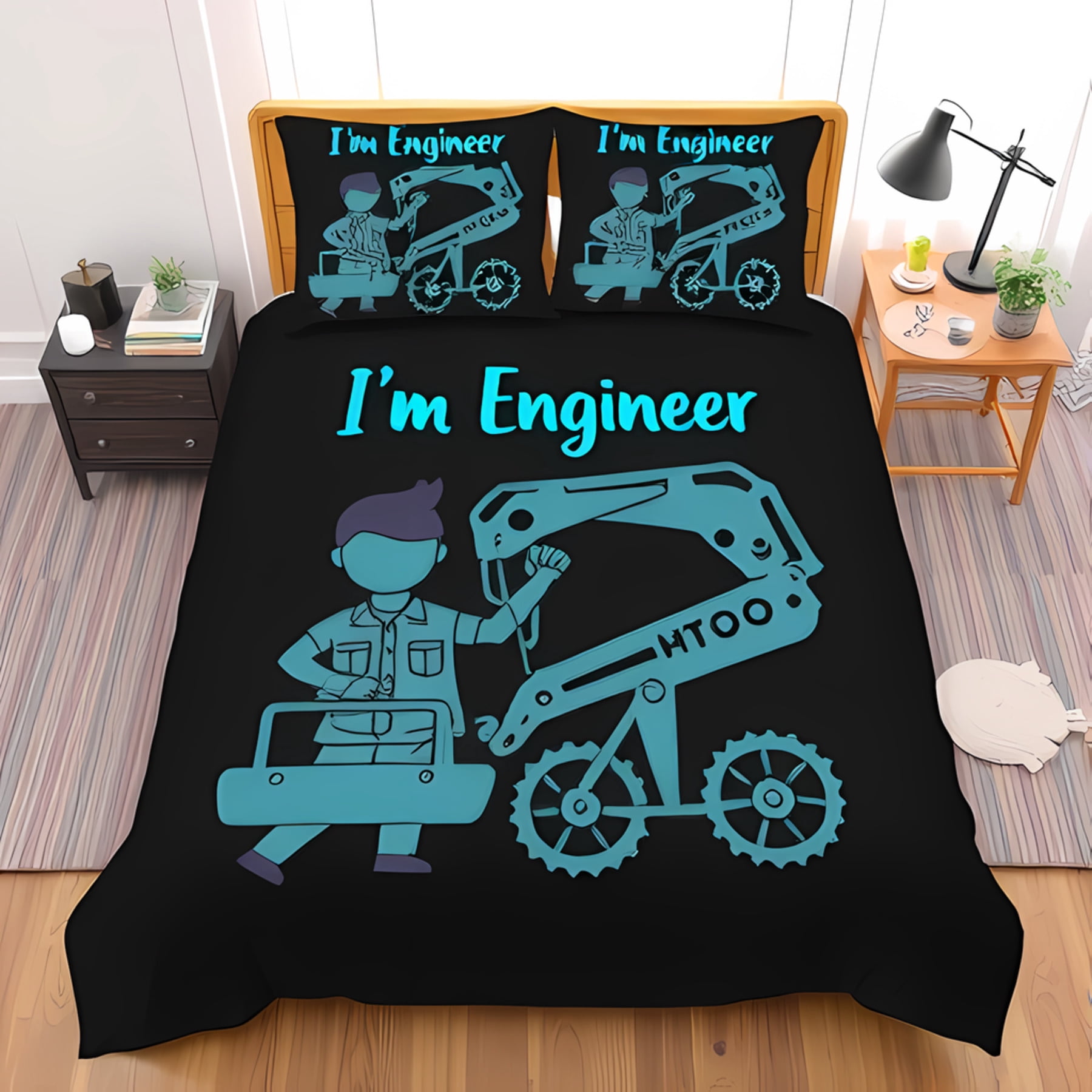 3-Piece Engineer Themed Duvet Cover Set - Bold Black with Playful ...