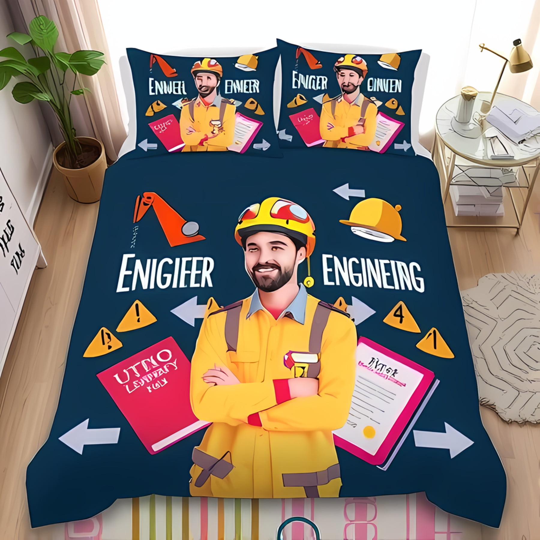 3-Piece Engineering Themed Duvet Cover Set with Crane and Illustrations ...