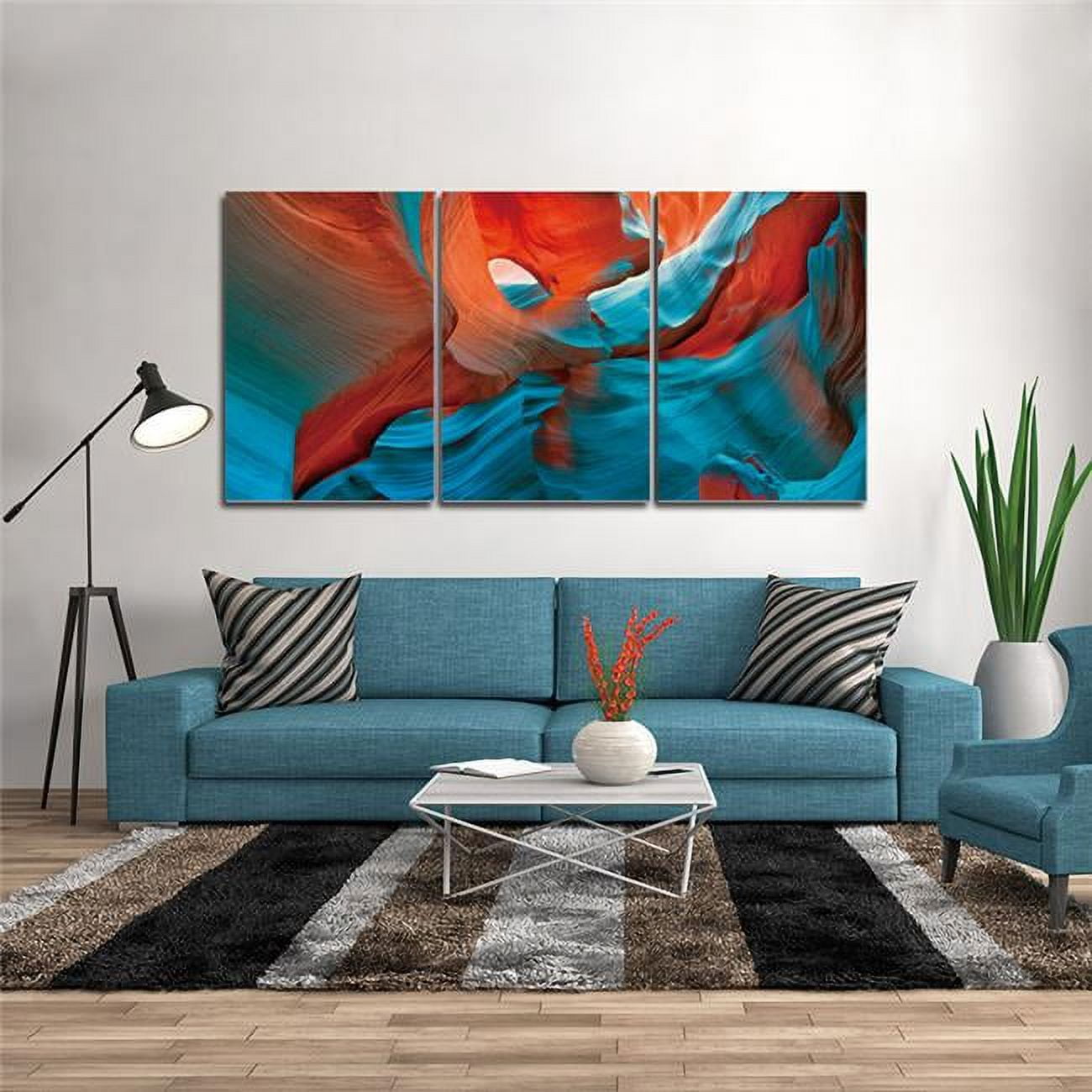 3 Piece Enigma Wrapped Canvas Wall Art Print - Blue, Coral & Rust - 27. ...