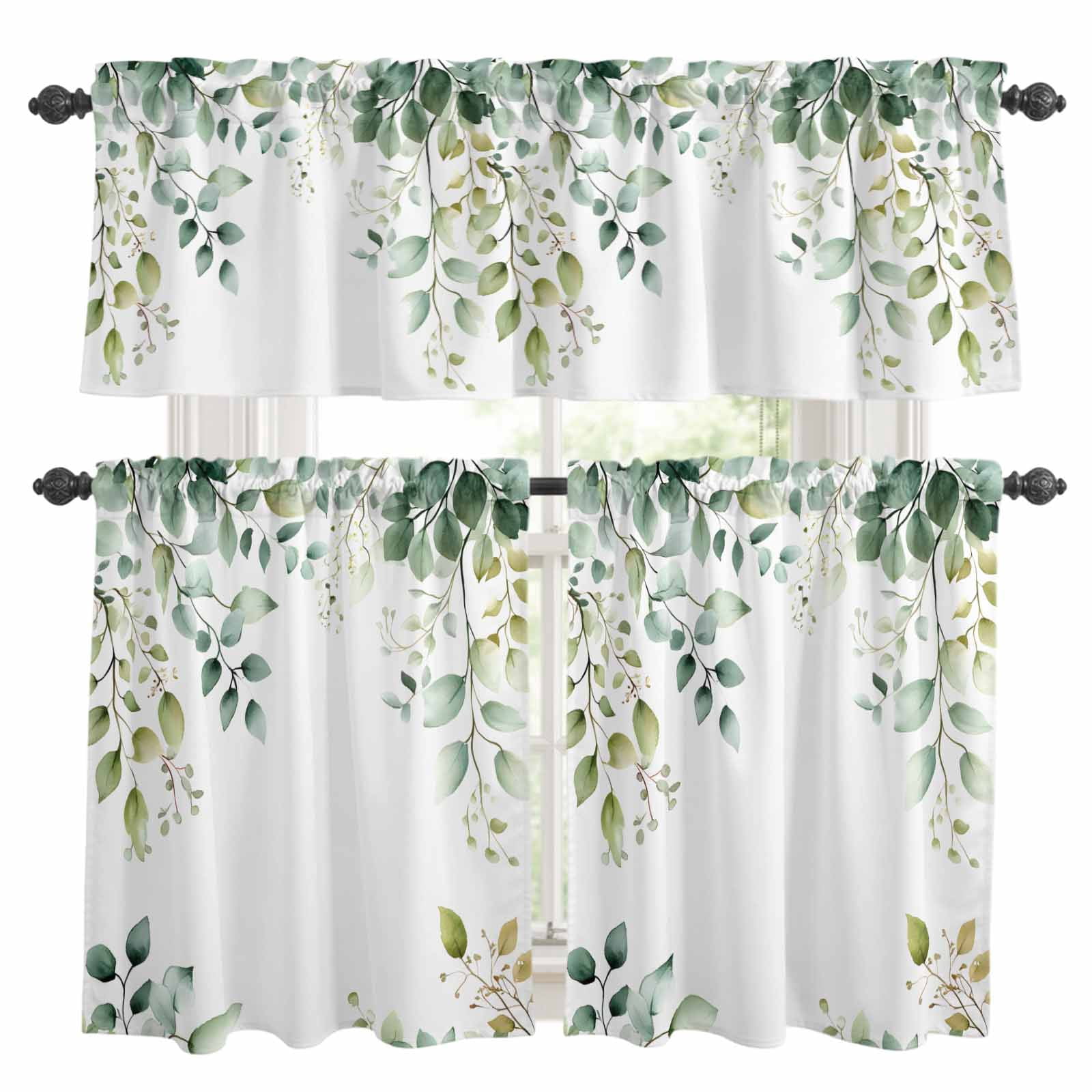 3 Piece Eucalyptus Leaf Kitchen Curtain Valance and Tiers Set Country ...