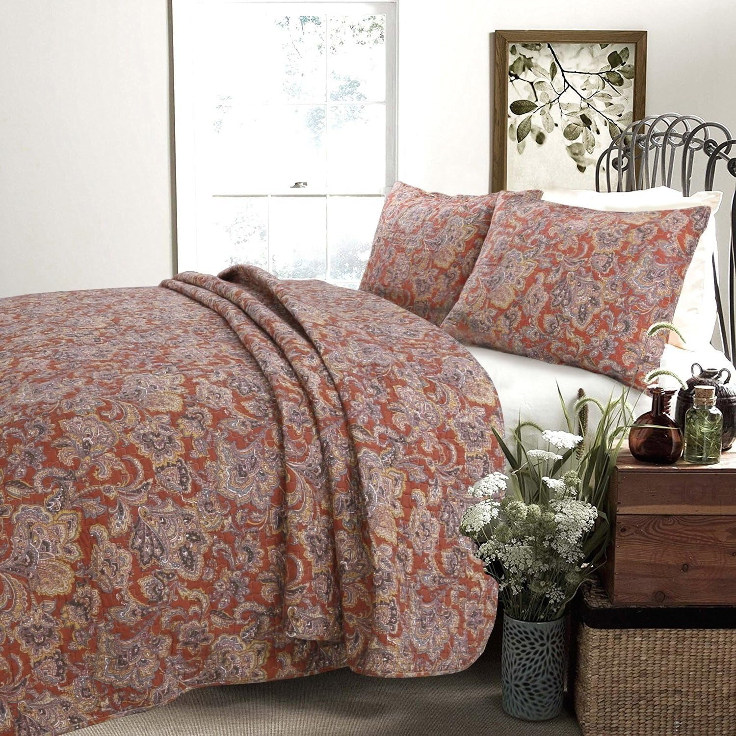 3 Piece Exotic Themed Quilt Set Full/Queen Size, All Over Leafy Vines ...