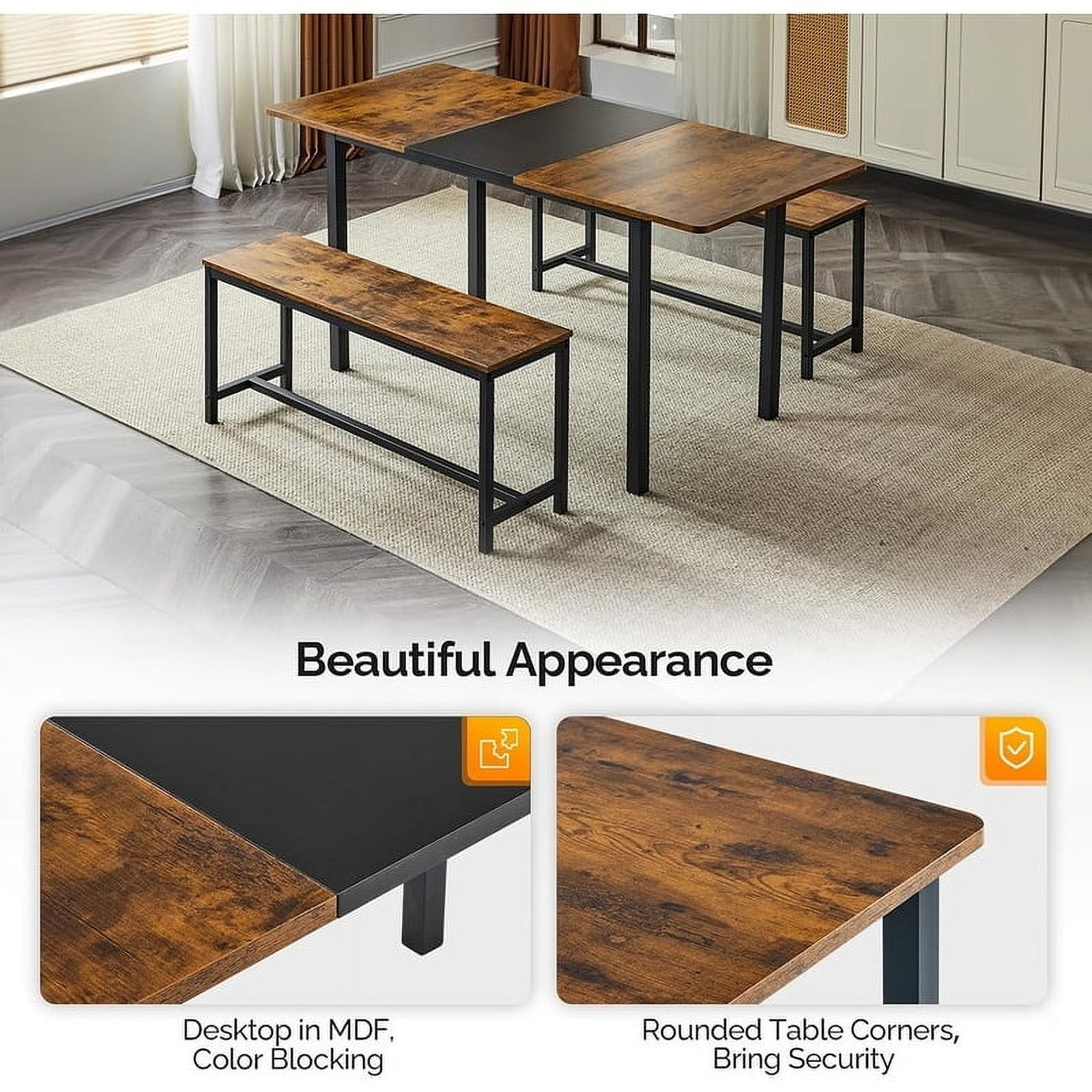 3 - Piece Expandable Dining Set,One Table With Two Benches Brown/Black ...