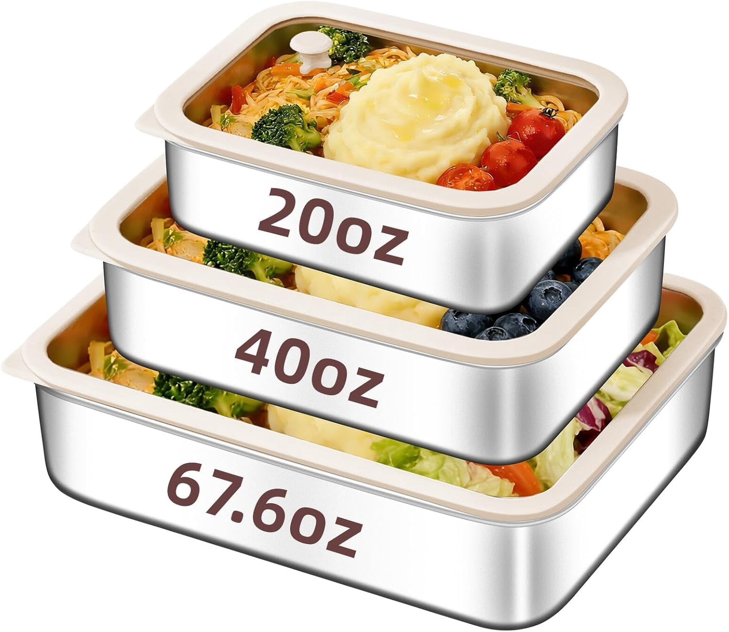 3-Piece Extra Thick 304 Stainless Steel Food Storage Containers with ...