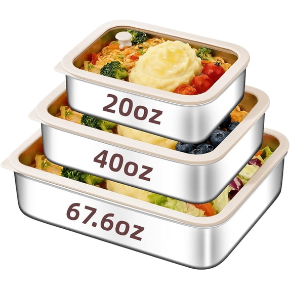 3-Piece Extra Thick 304 Stainless Steel Food Storage Containers with ...