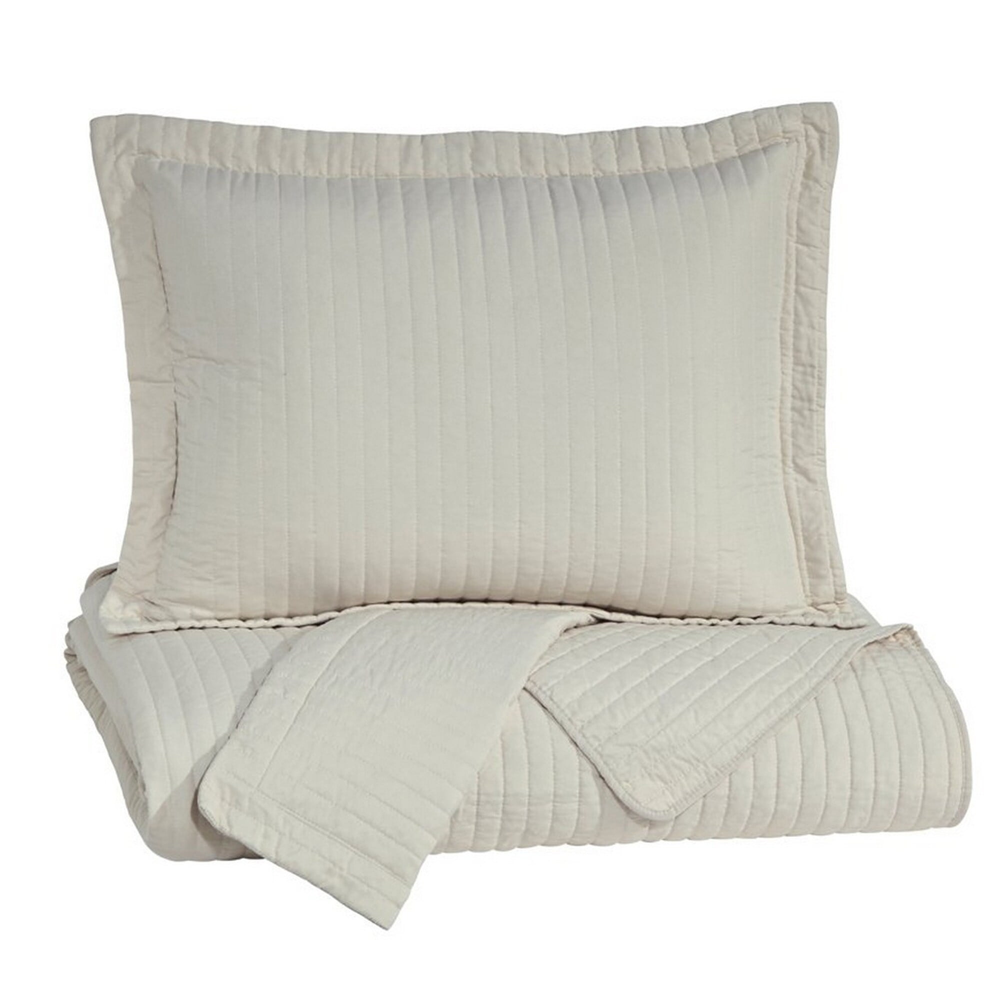 3 Piece Fabric King Coverlet Set with Stitched Ribbing Texture, Cream ...