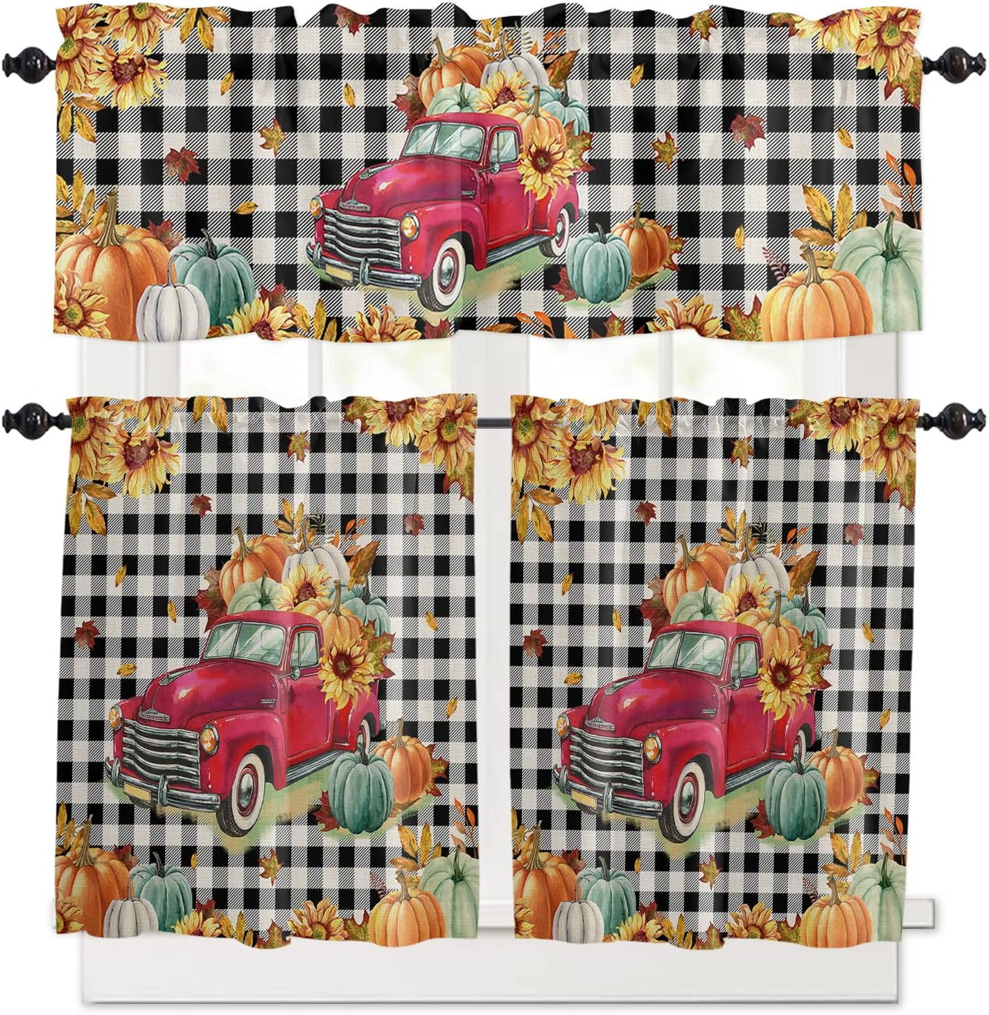3 Piece Fall Pumpkin Thanksgiving Truck Kitchen Curtains, Tier and ...