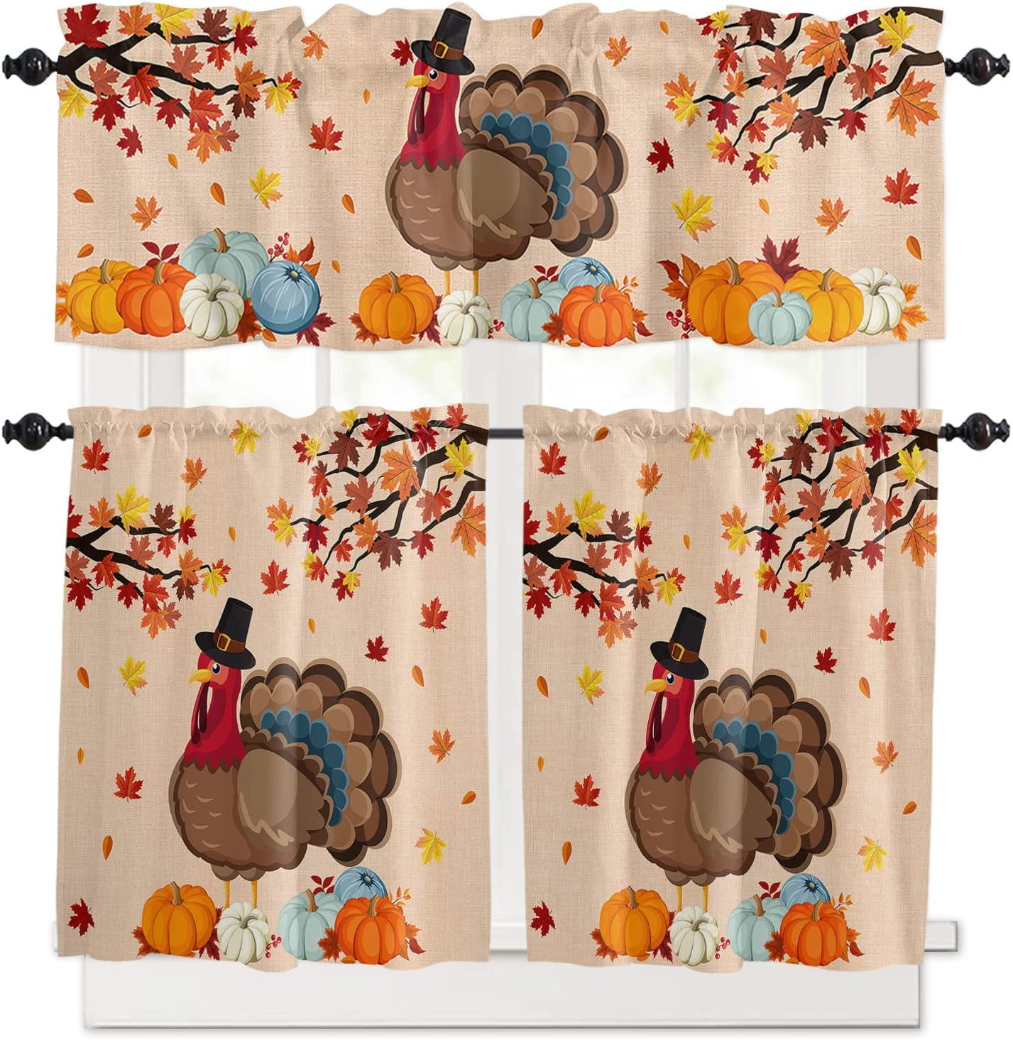 3 Piece Fall Thanksgiving Day Kitchen Curtains, Tier and Valance Rod ...