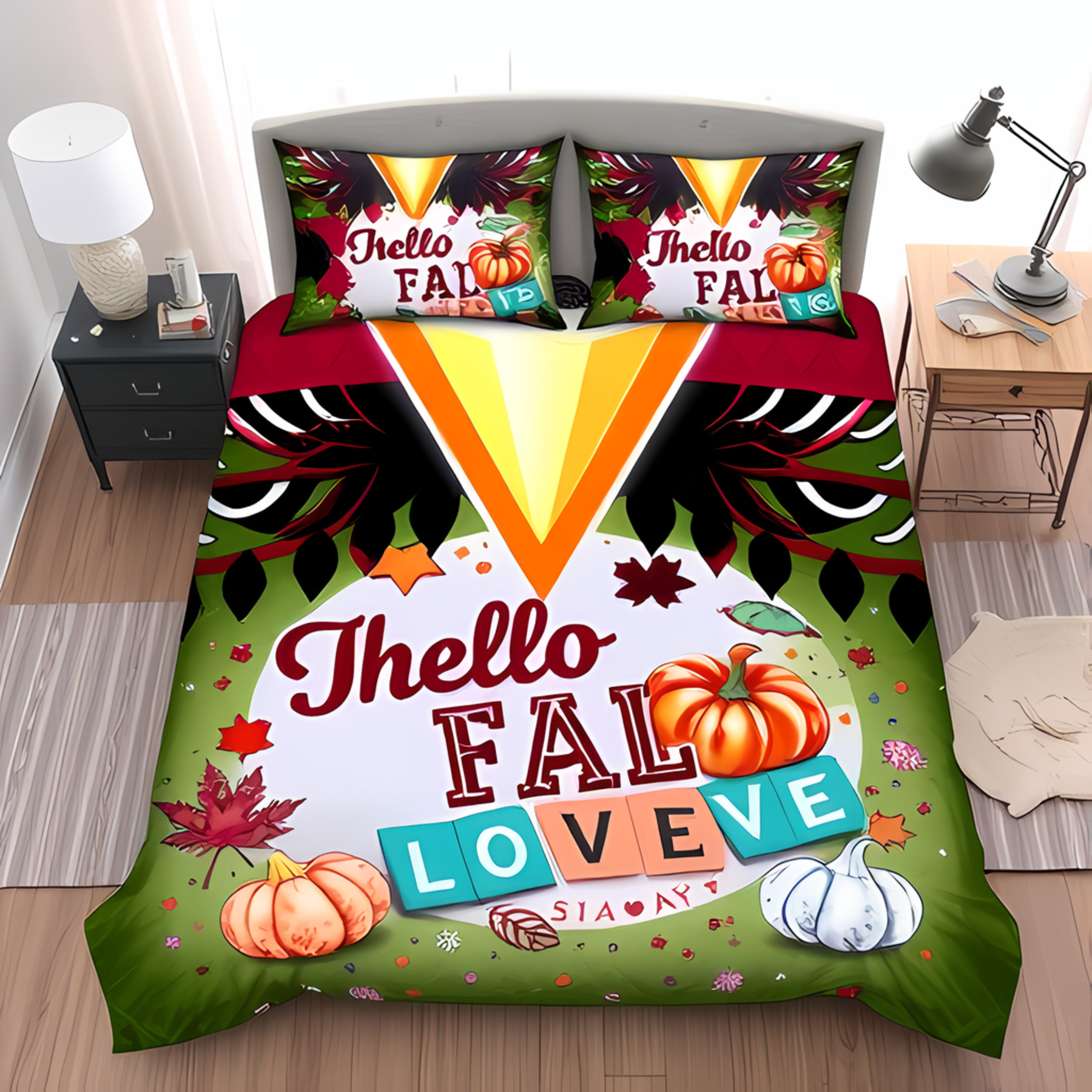 3-Piece Fall-Themed Duvet Cover Set with Vibrant Pumpkins and Leaves ...