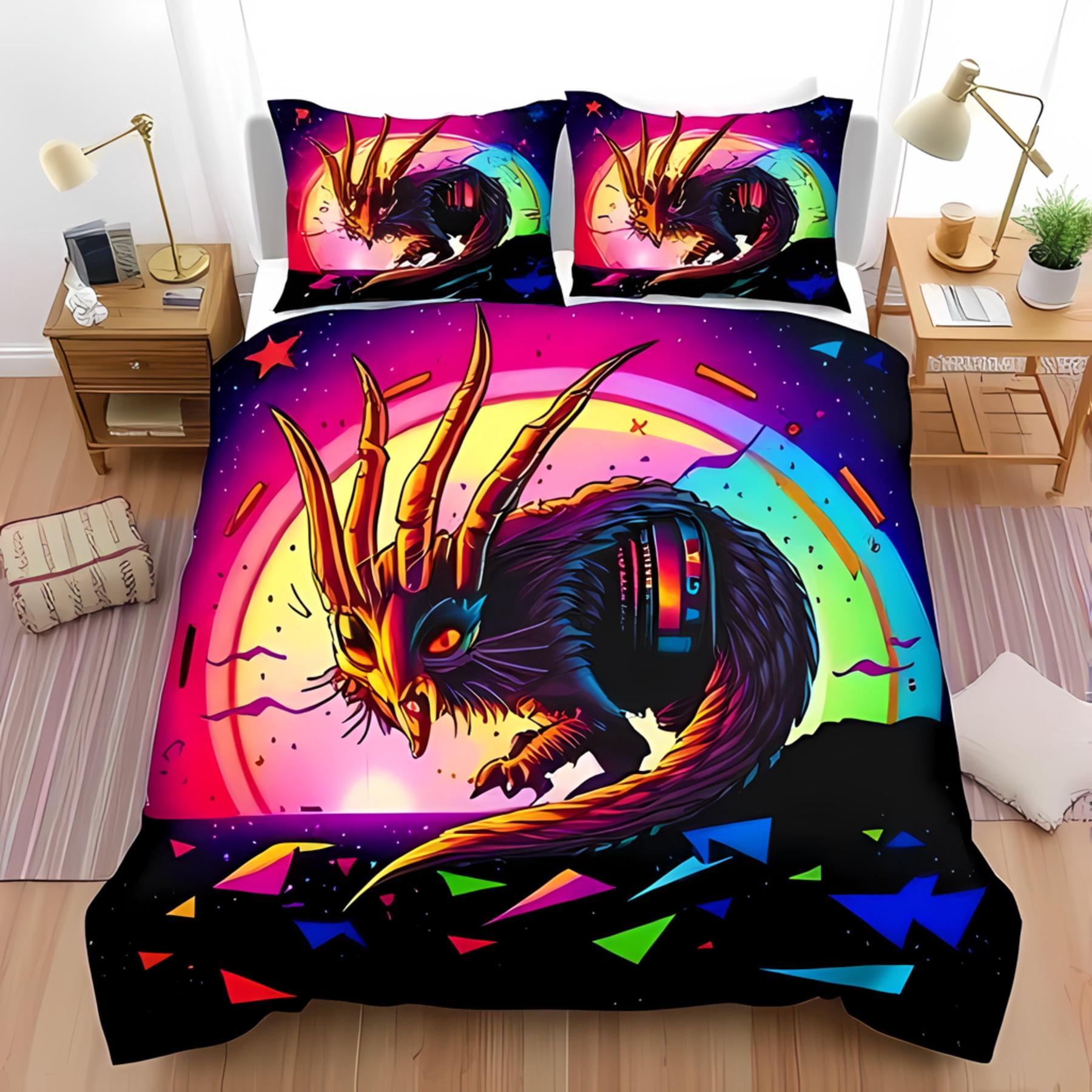 3-Piece Fantasy Dragon Duvet Cover Set - Colorful Bedding with Rainbow ...