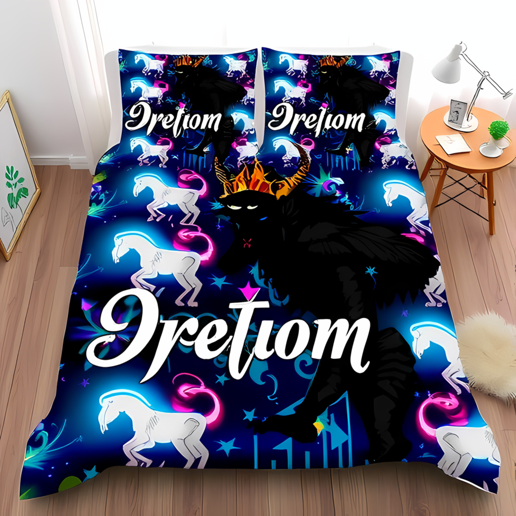 3-Piece Fantasy Duvet Cover Set - Dark Blue with Stars & Fiery Creature ...