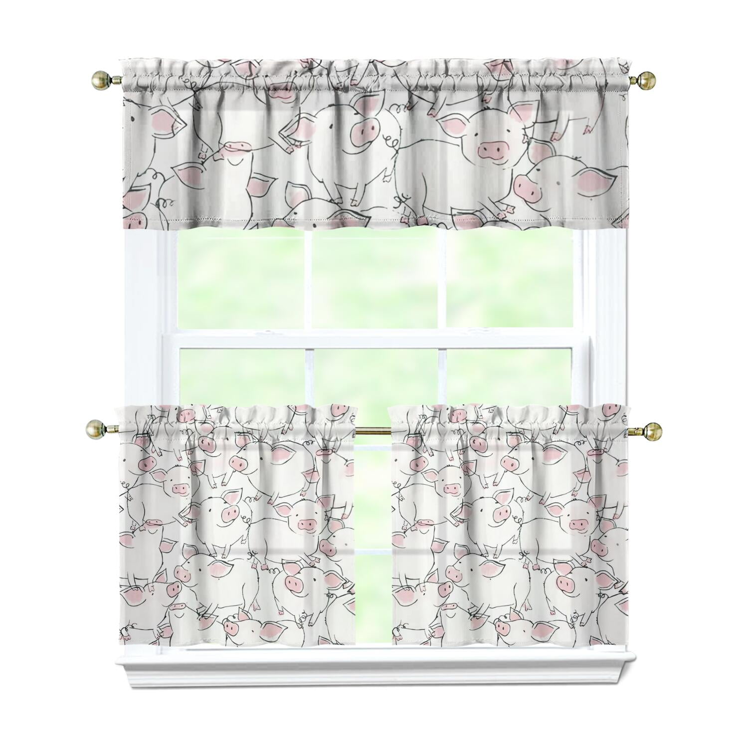 3 Piece Farm Animal Print Kitchen Curtains - Funny Pig Watercolor Art ...