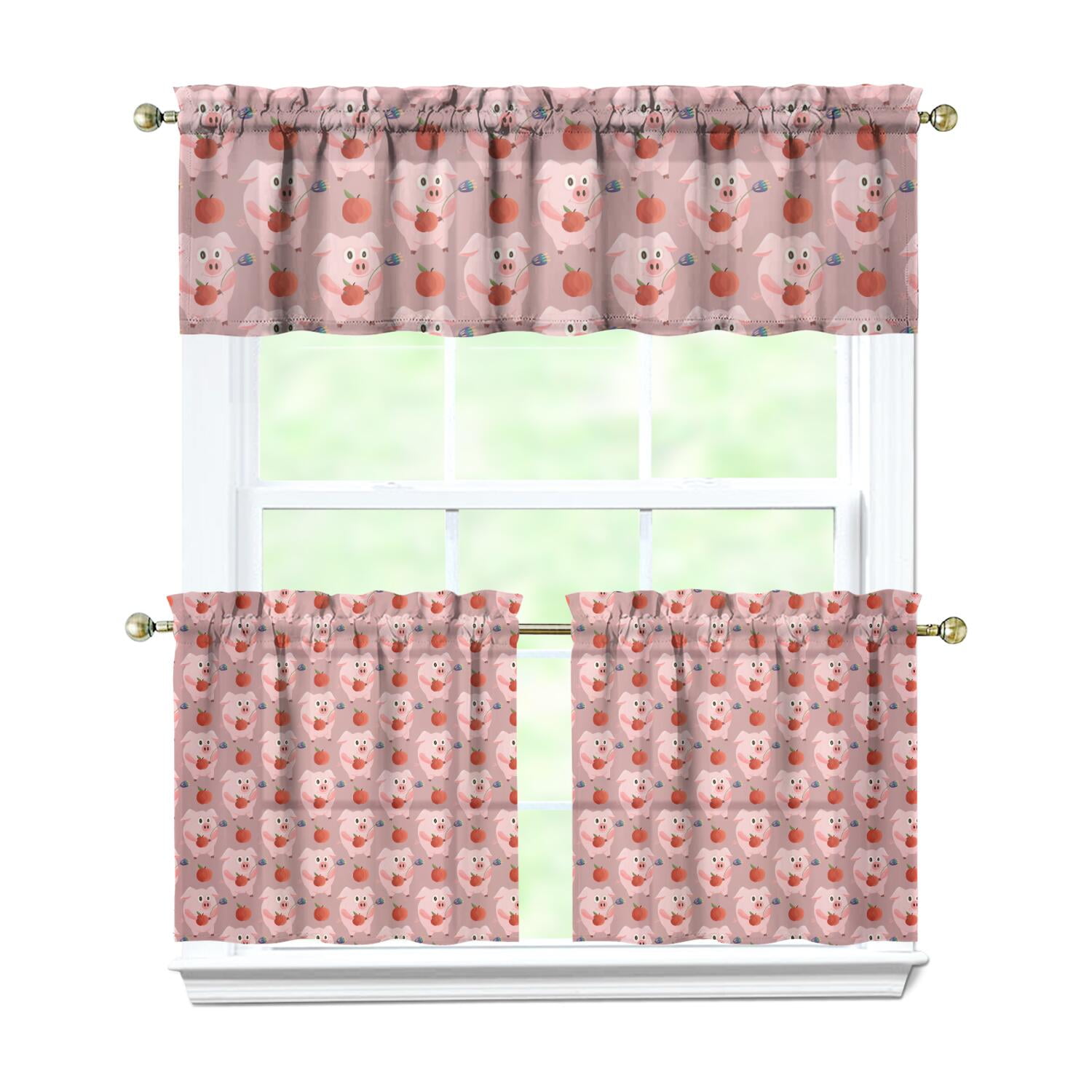 3 Piece Farm Animal Print Kitchen Curtains - Funny Pig Watercolor Art ...