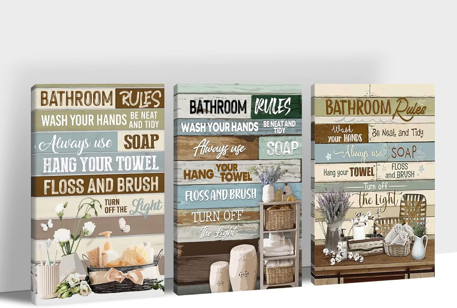 3 Piece Farmhouse Bathroom Rules Wall Art-Vintage Style Bathroom Wall ...