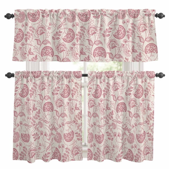 3 Piece Farmhouse Pink Floral Kitchen Curtain Valance and Tiers Set ...