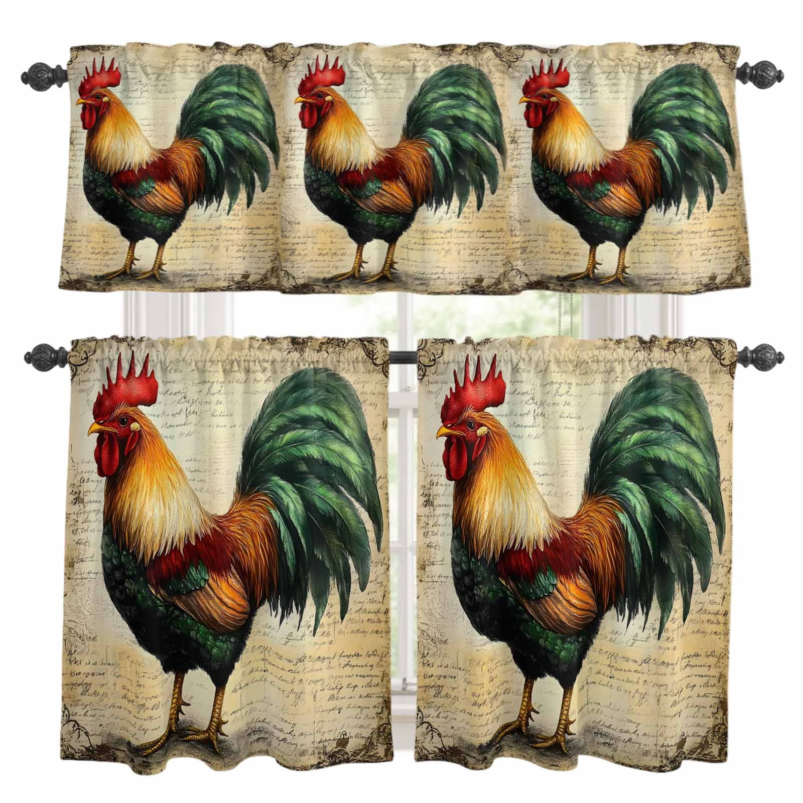 3 Piece Farmhouse Rooster Kitchen Curtain Valance and Tiers Set Vintage ...