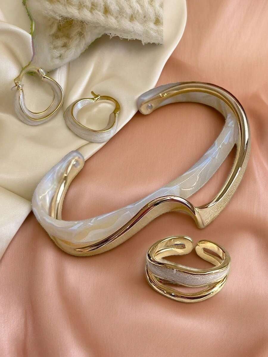 3-Piece Fashion Jewelry Set: White Shell Bangle, Curved Metal Hoop ...