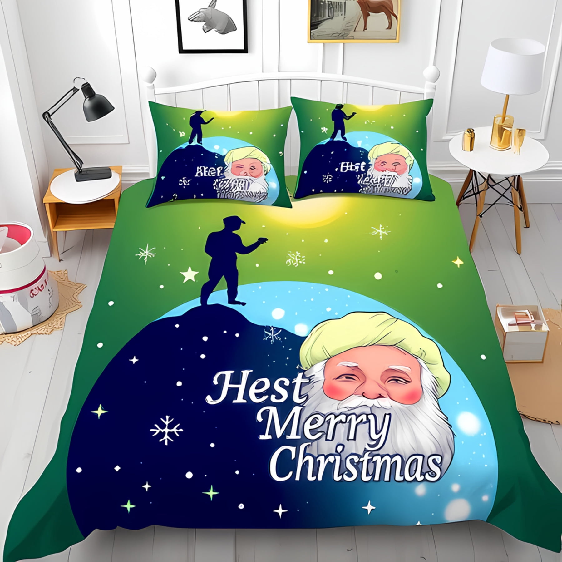 3-Piece Festive Duvet Cover Set with Santa Claus Illustration Starry ...
