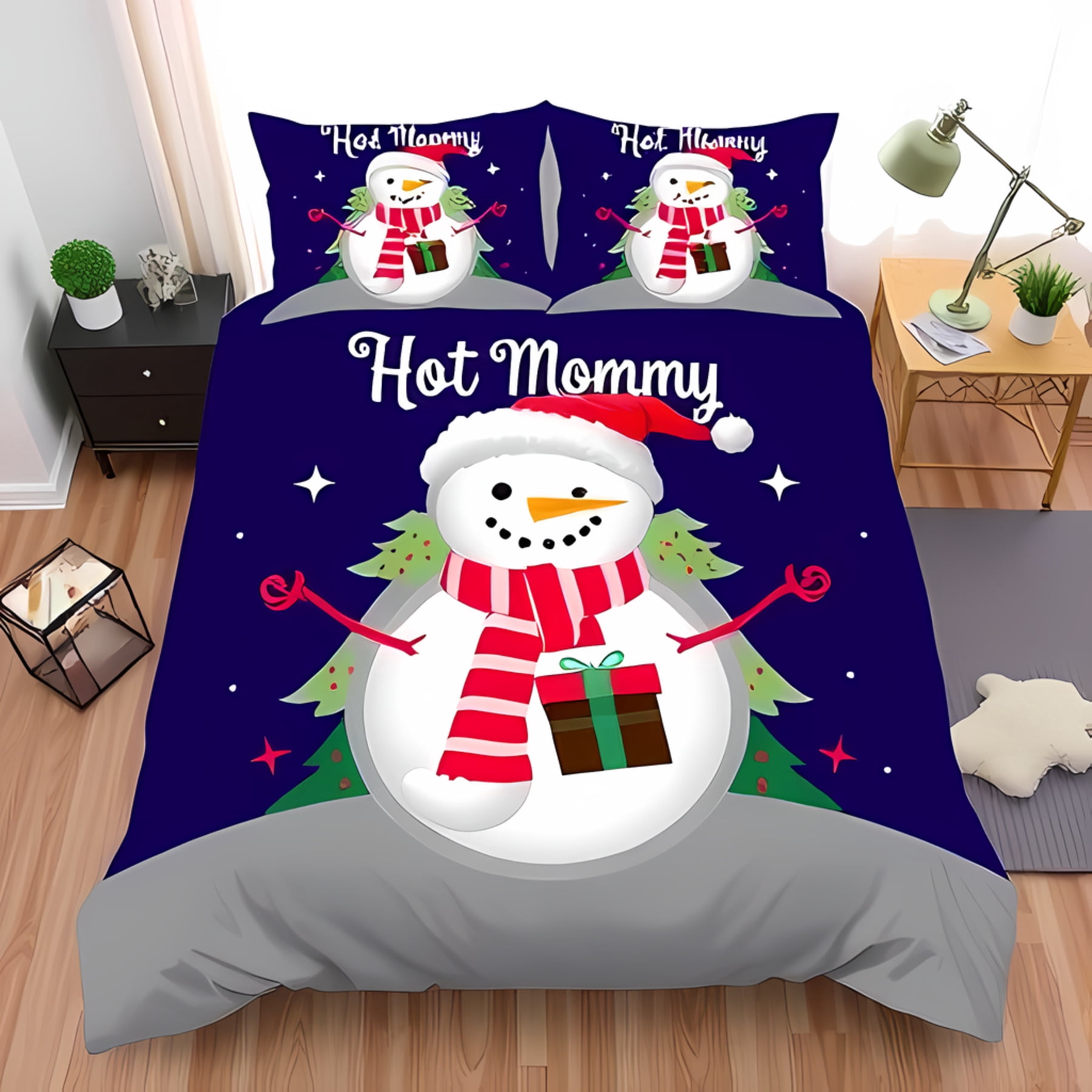 3-Piece Festive Snowman Duvet Cover Set - Cartoon Snowman on Navy Blue ...