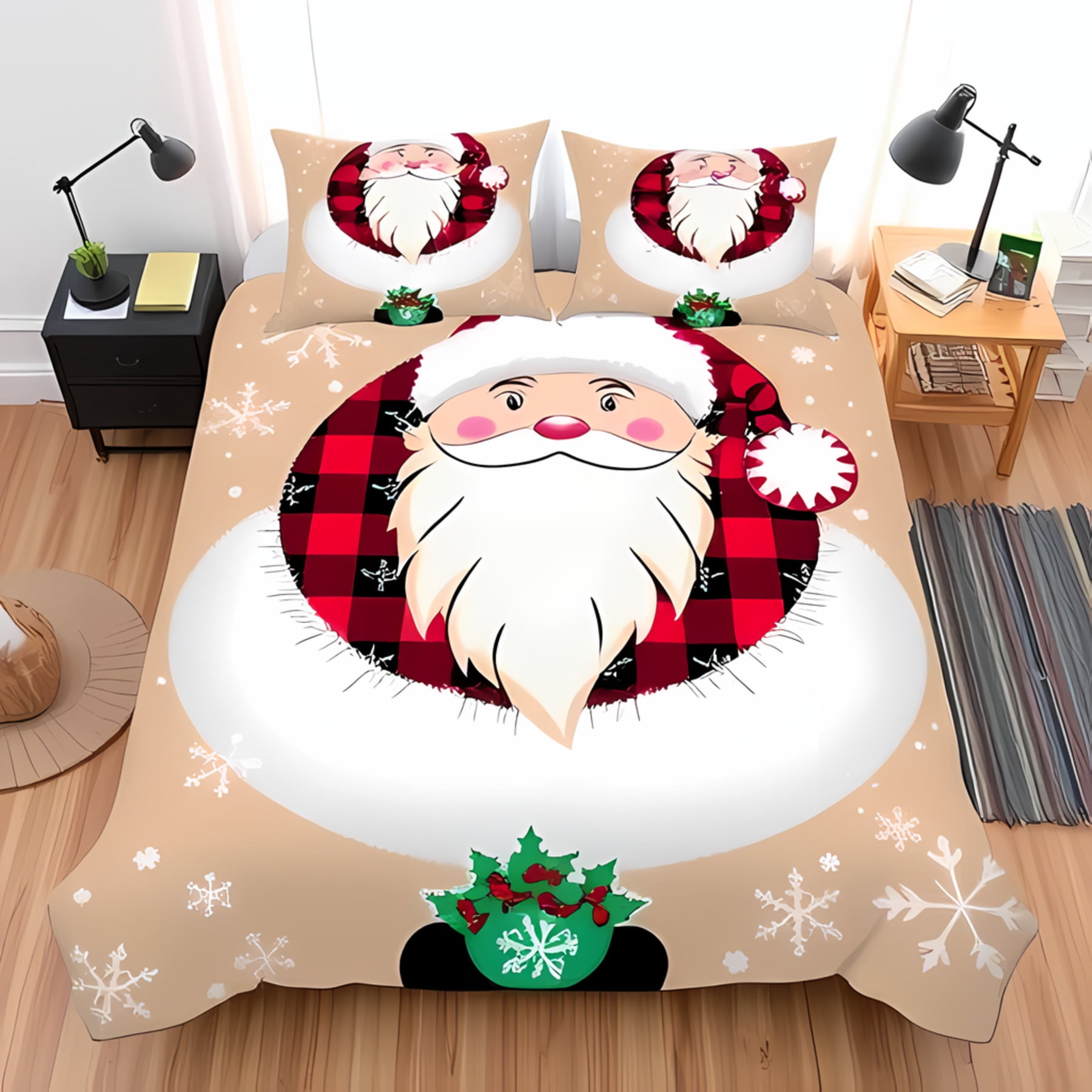 3-Piece Festive Tan Duvet Cover Set with Cheerful Santa Claus Design ...