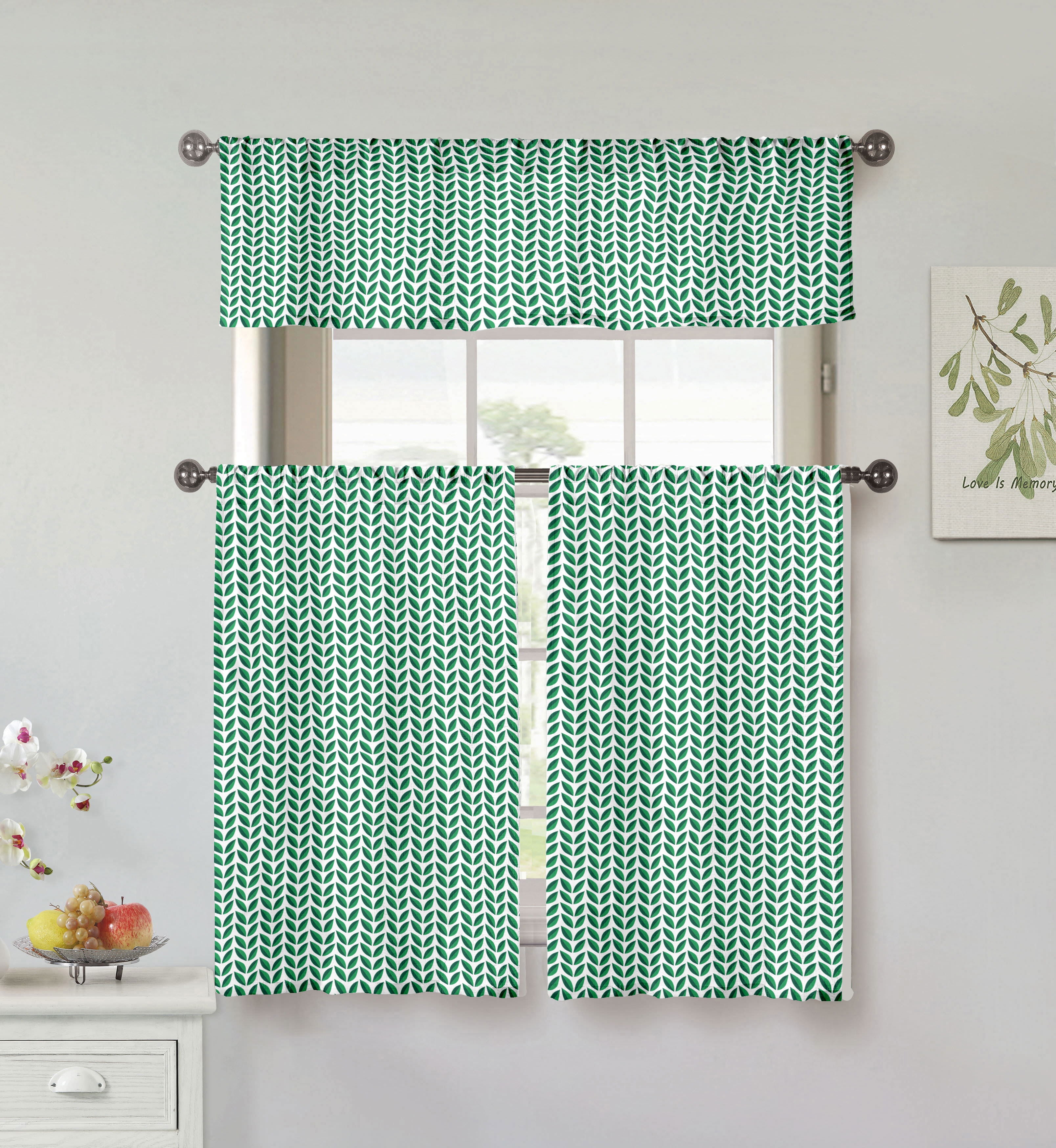 3-Piece Filip Cotton Kitchen Curtain Set 56 in. W x 15 in. L in Green ...