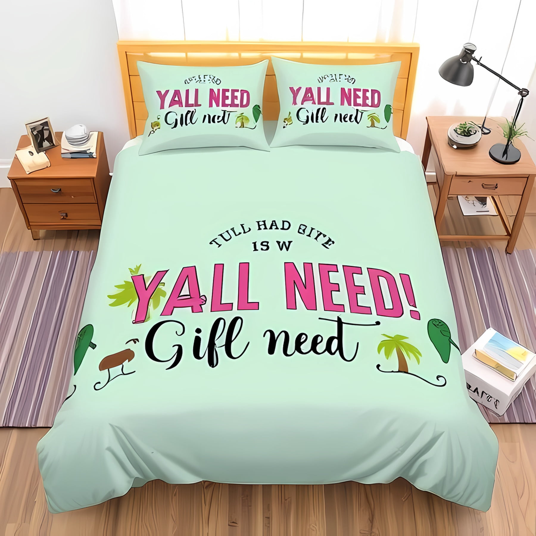 3-Piece Fishing-Themed Duvet Cover & Pillowcase Set - Light Green ...