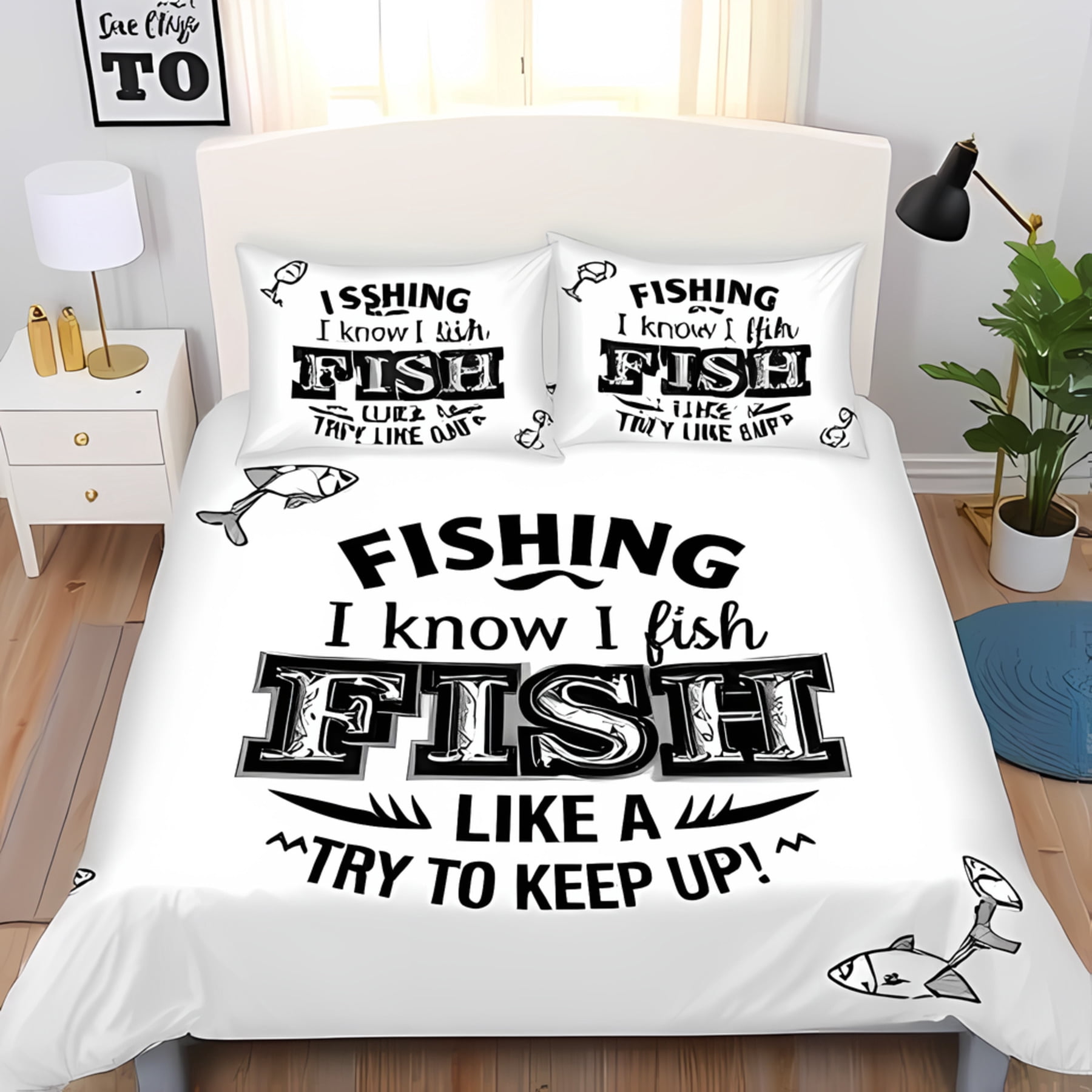 3-Piece Fishing Themed Duvet Cover Set in Black and White with Catchy ...
