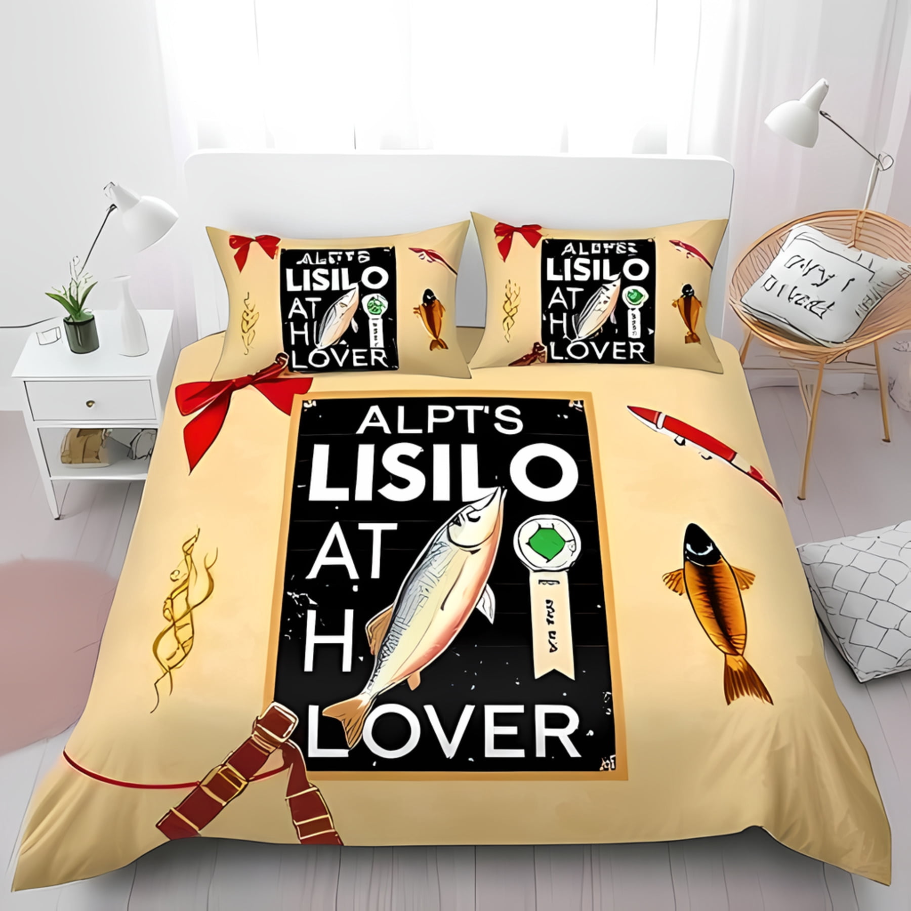 3-Piece Fishing Themed Duvet Cover Set with Colorful Fish Illustrations ...