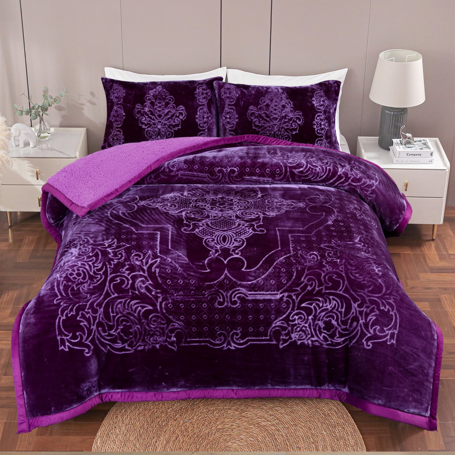 3 Pieces Flannel Fleece Sherpa Bed Blanket King Size ,3-Ply Thick Warm ...