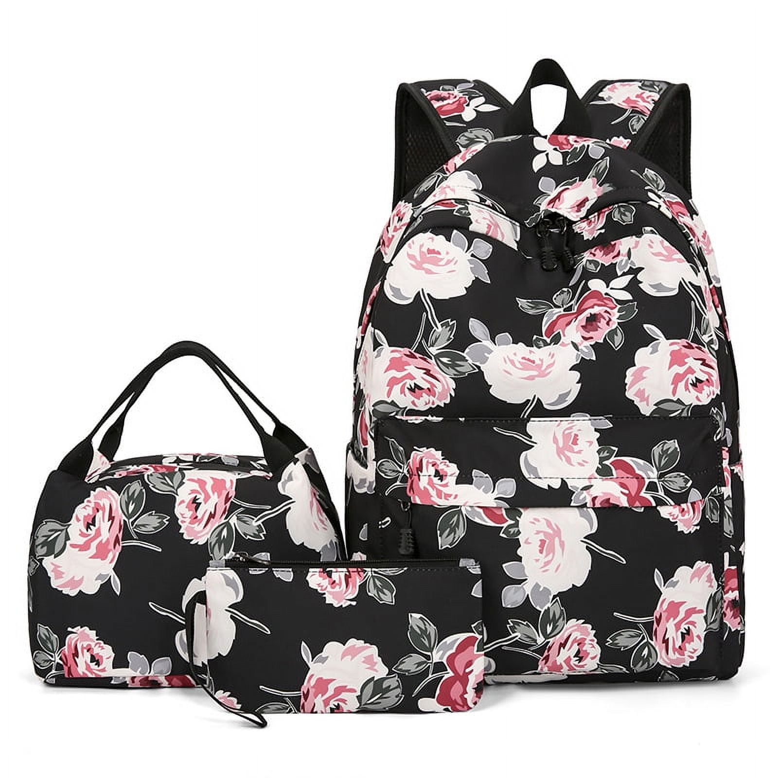 3-Piece Floral Backpack Set , Black Rose Print Bookbag with Lunch Box ...