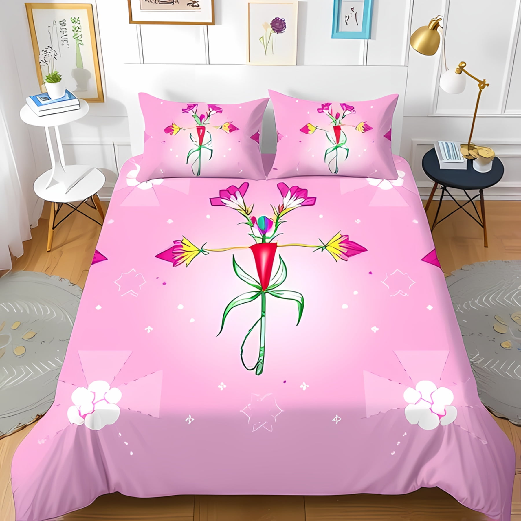 3-Piece Floral Duvet Cover Set - Pink Bedspread with Motif & Green ...
