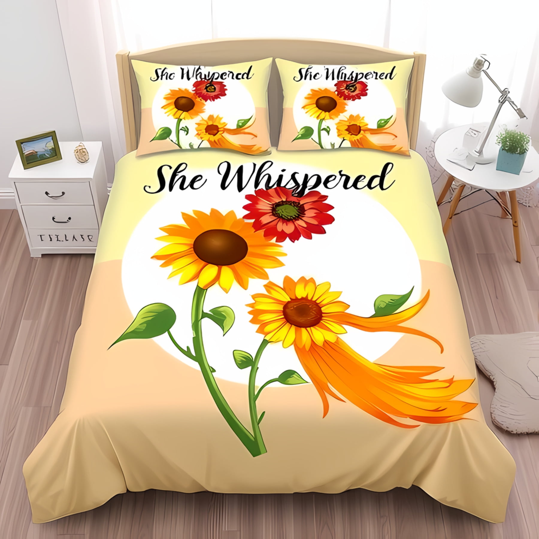 3-Piece Floral Duvet Cover Set - " She Whispered " with Sunflowers & Red Daisies on Light Yellow ...