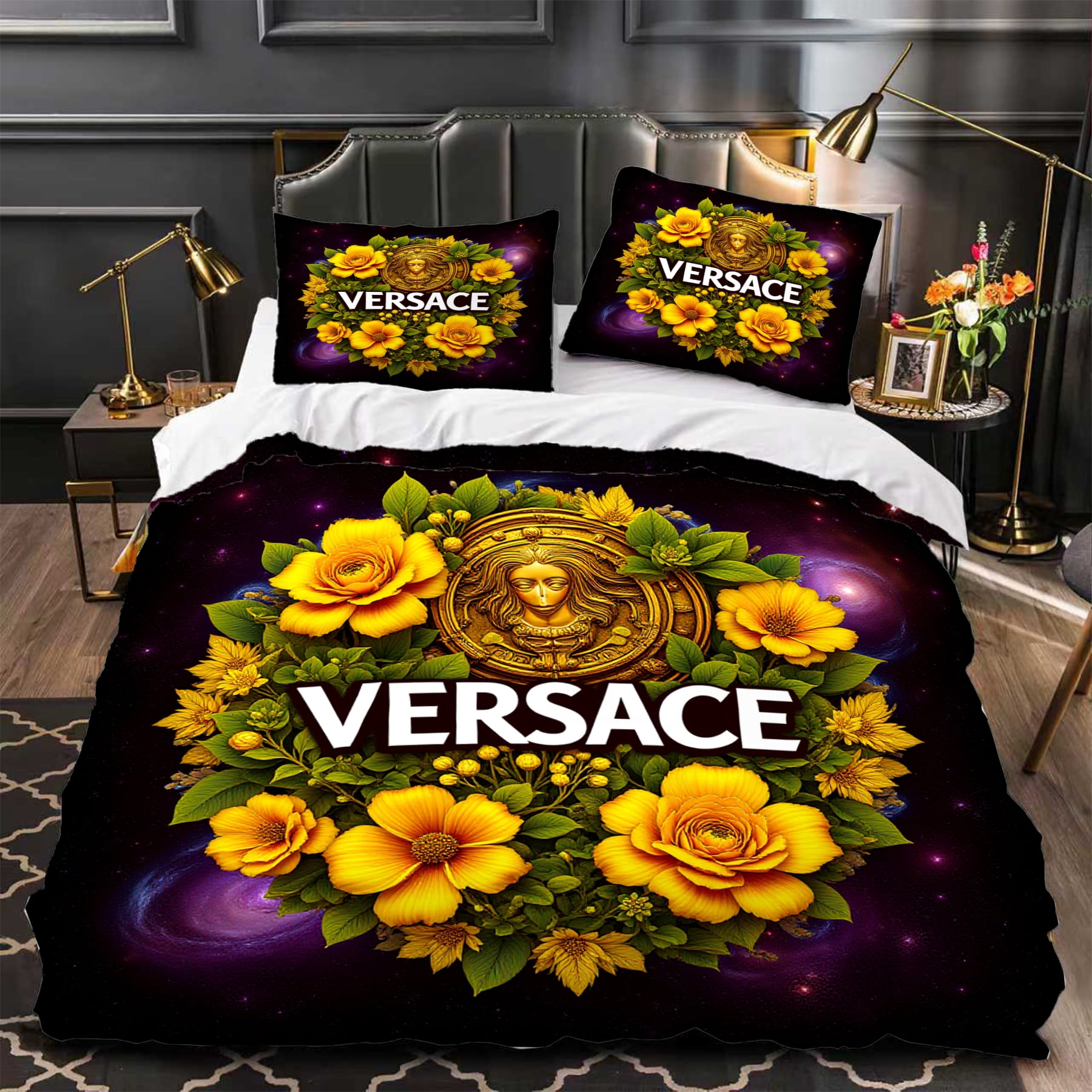 3-Piece Floral Duvet Cover Set - Vibrant Golden Statue Design with ...