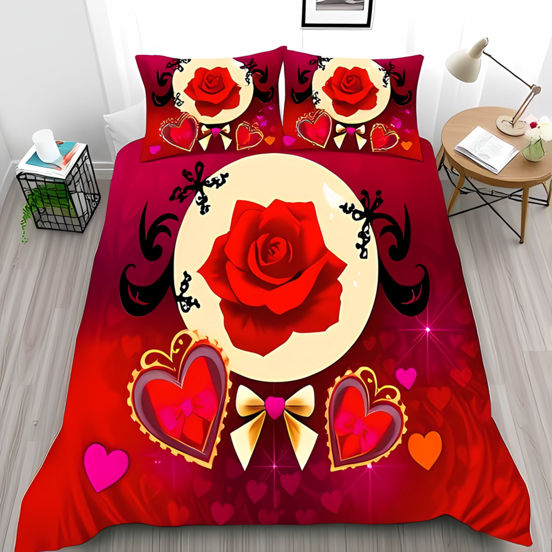 3-Piece Floral Duvet Cover Set - Vibrant Red with Hearts & Bows - Cozy ...