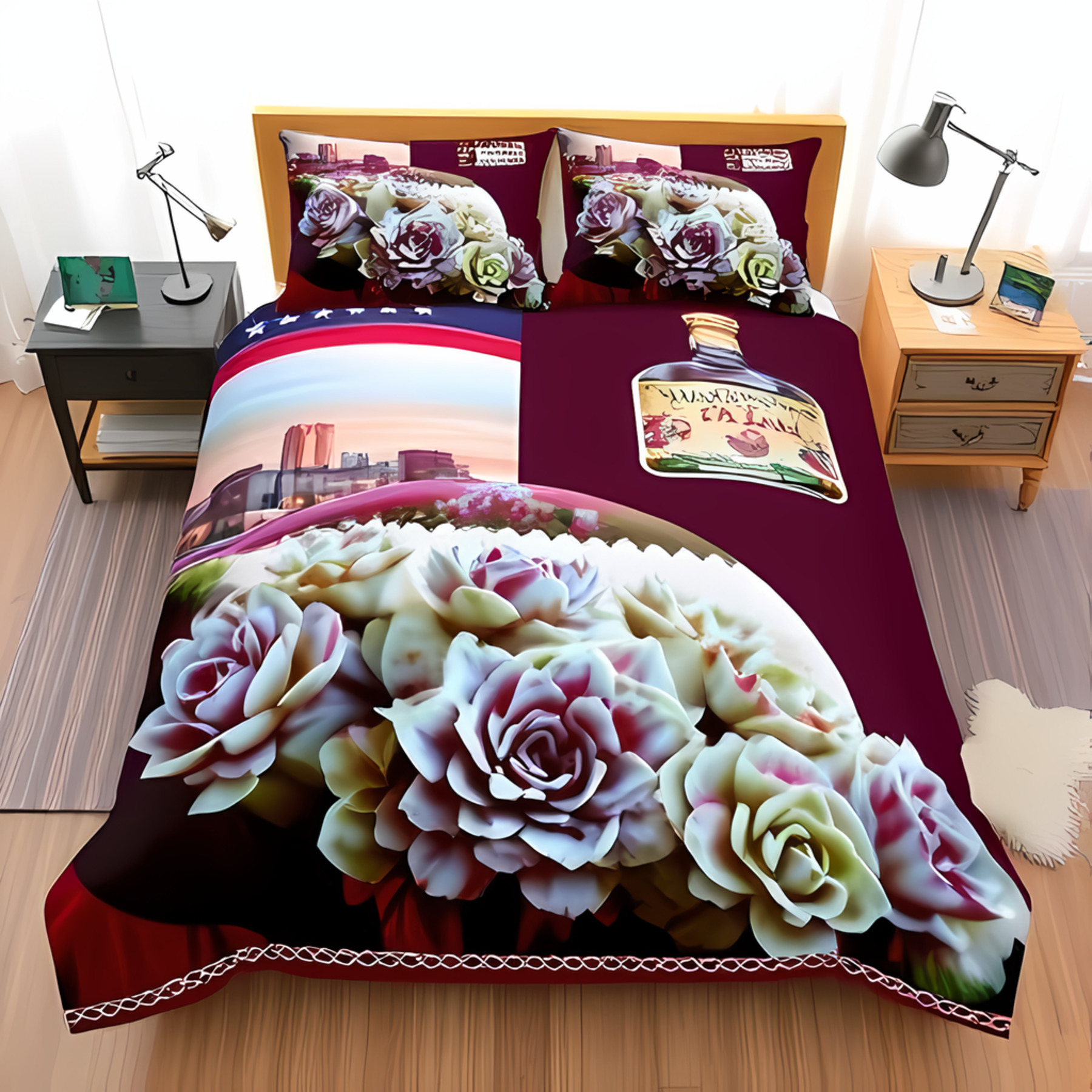 3-Piece Floral Duvet Cover Set with Pink and White Roses Elegant ...