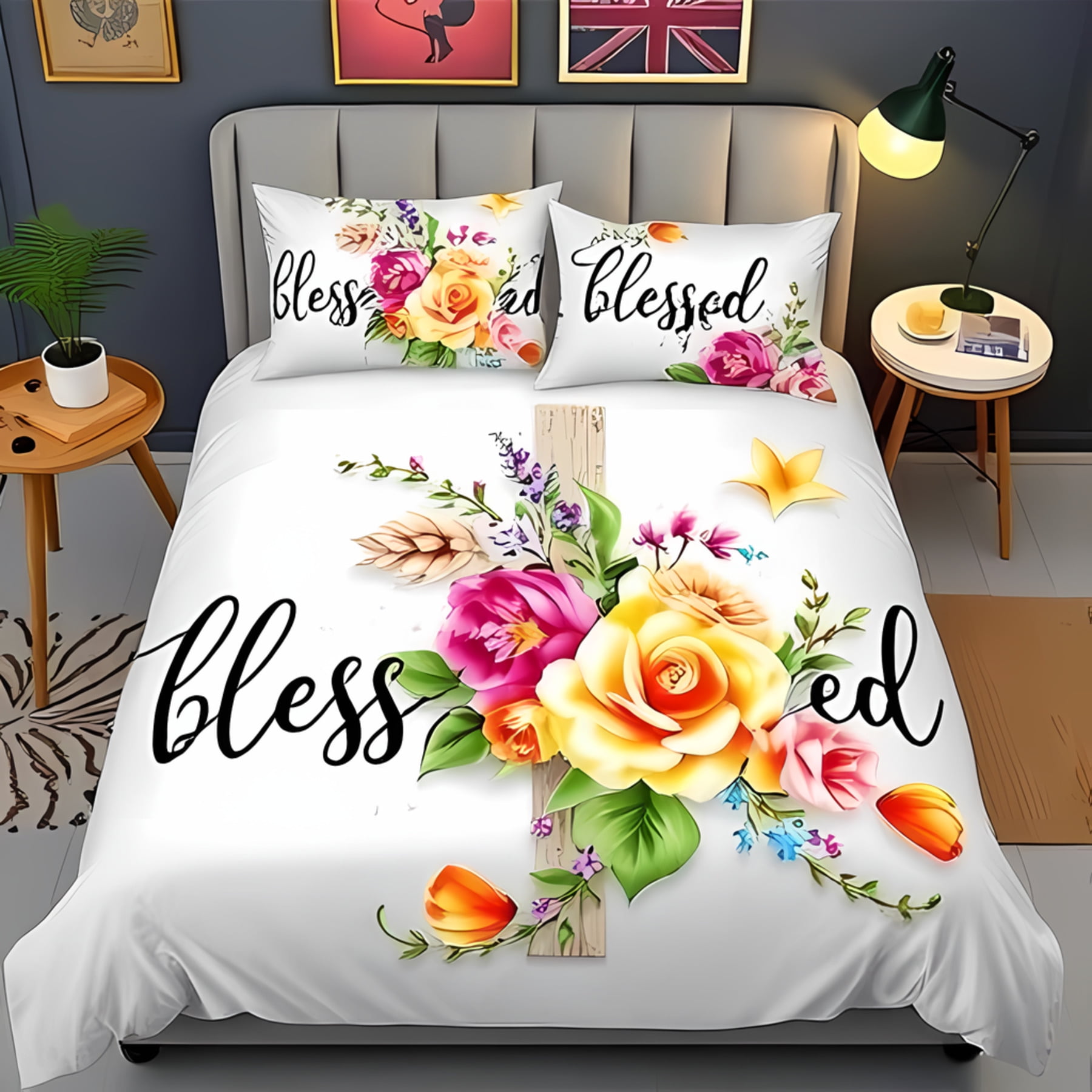 3-Piece Floral Duvet Cover Set with Rustic Cross Design - Blessed ...