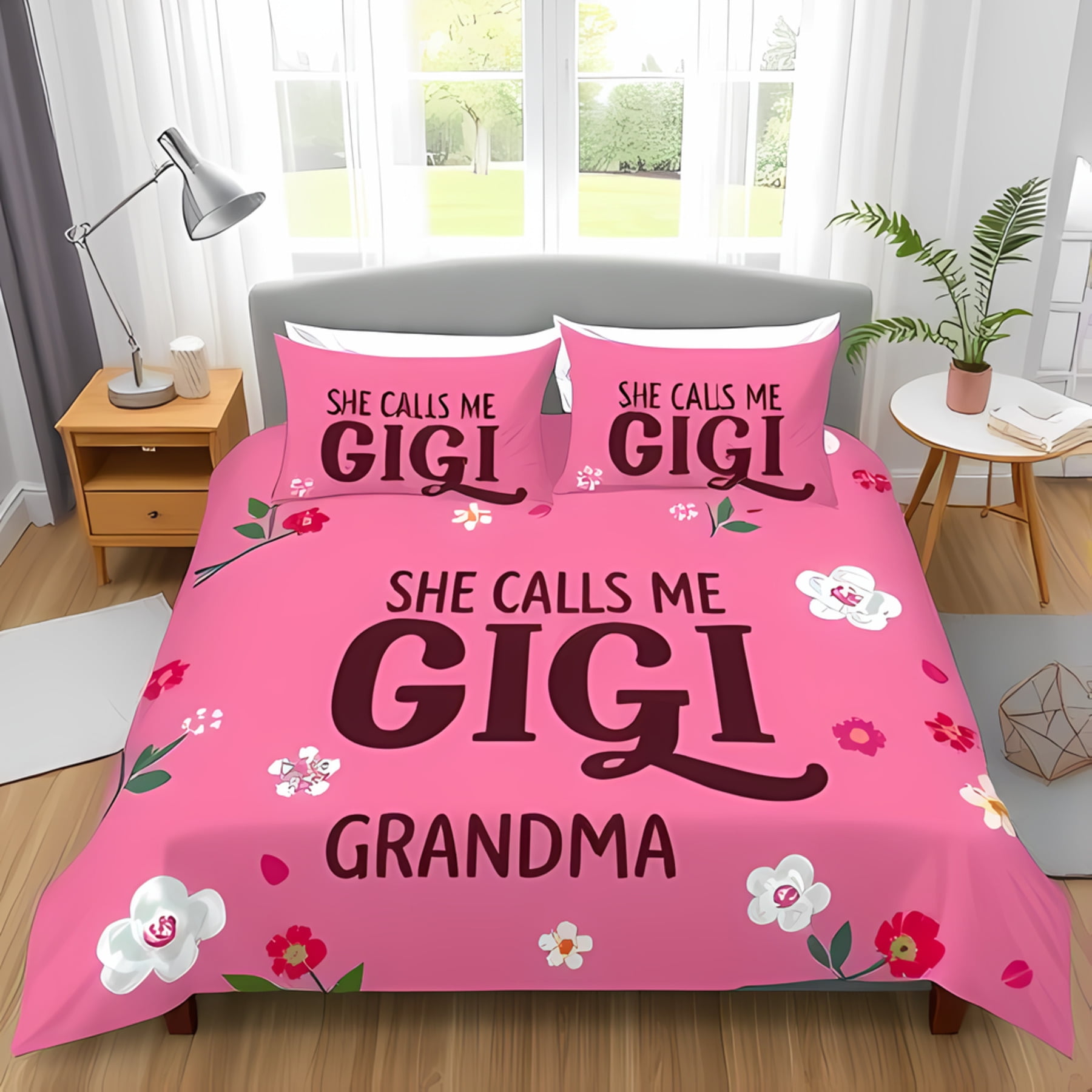 3-Piece Floral Duvet Cover Set with " SHE CALLS ME GIGI " & " GRANDMA ...
